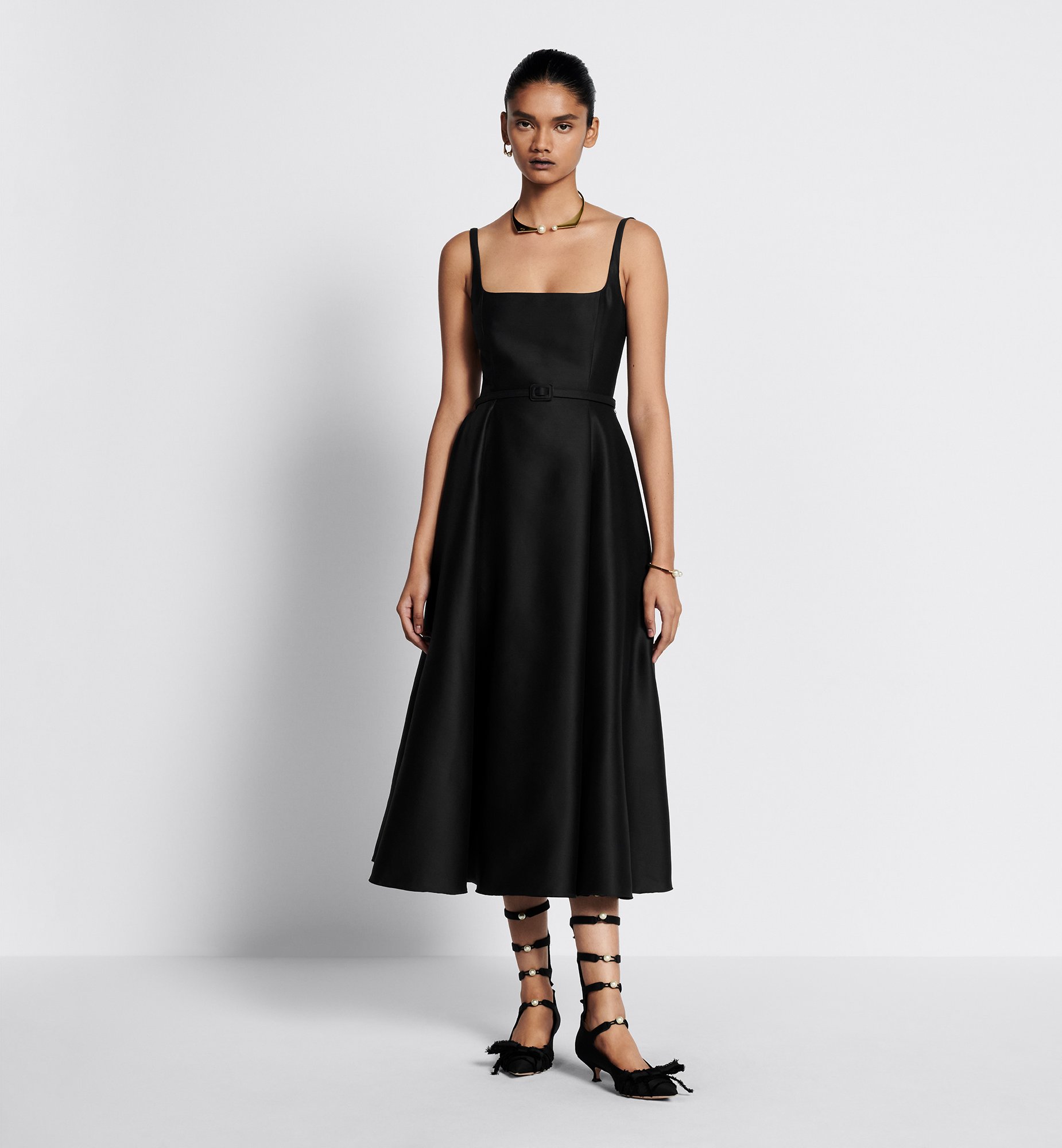 Flared Mid-Length Dress Black Wool and Silk Shantung | DIOR Flared Mid-Length Dress Black Wool and Silk Shantung | DIOR