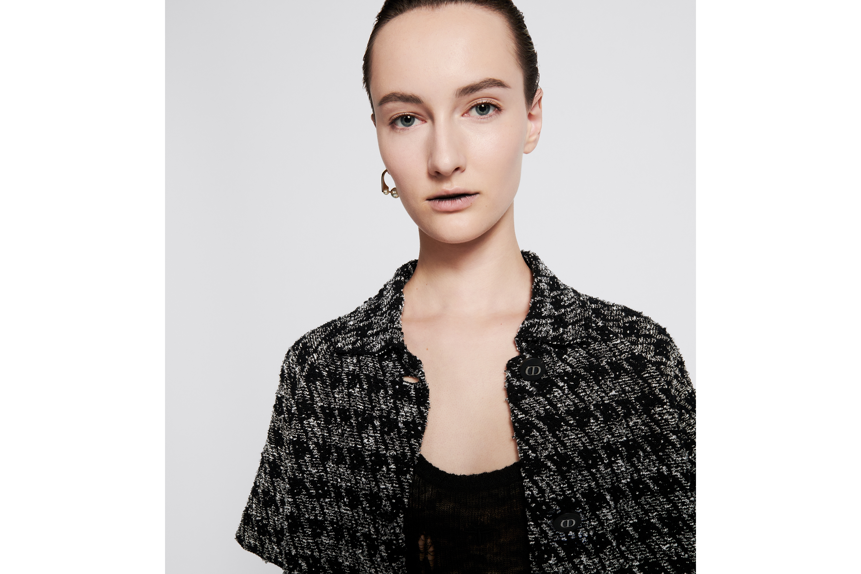 Short-Sleeved Jacket Black and White Houndstooth Technical Cotton Tweed ...