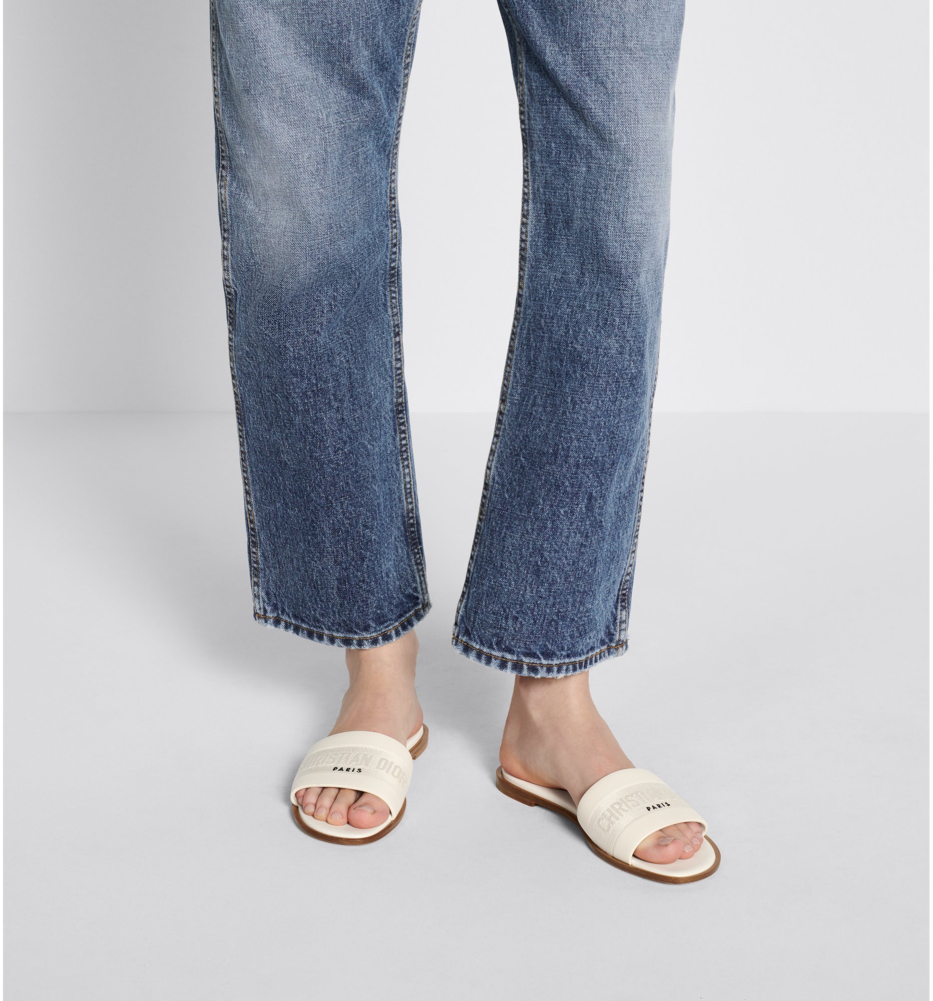 Dway Slide White Calfskin and Embroidered Cotton | DIOR