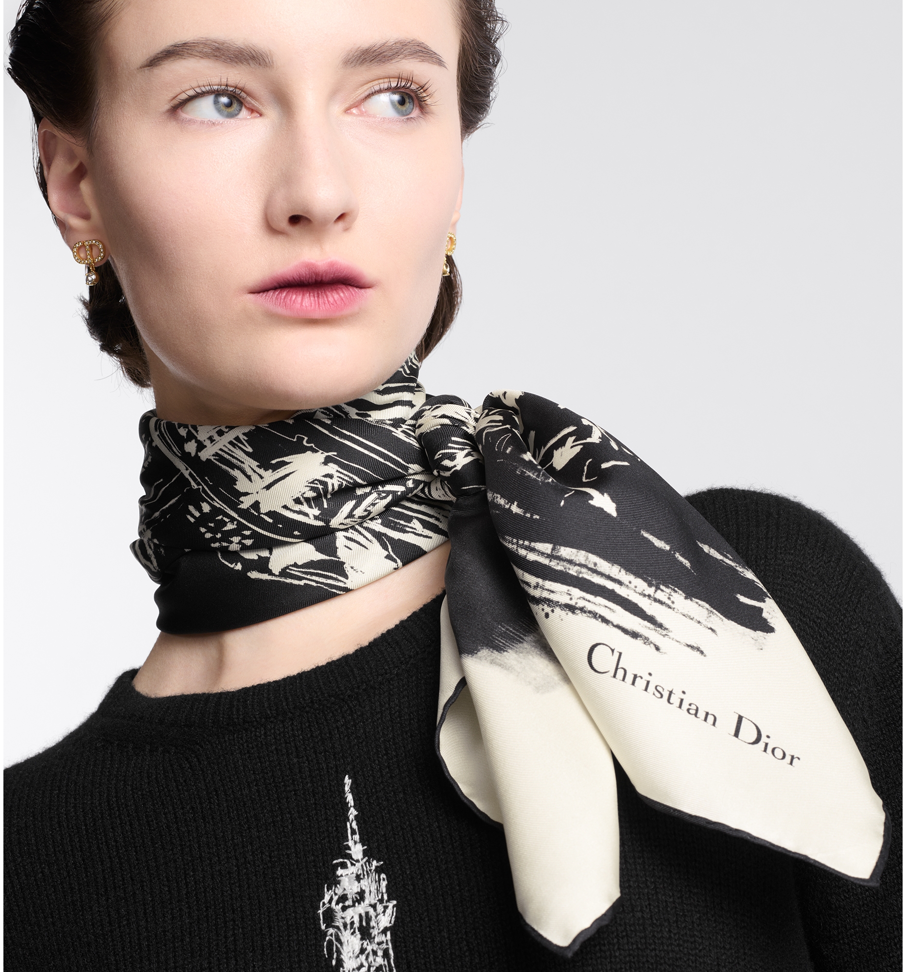 New York 90 Square Scarf Black and Ecru Silk Twill | DIOR
