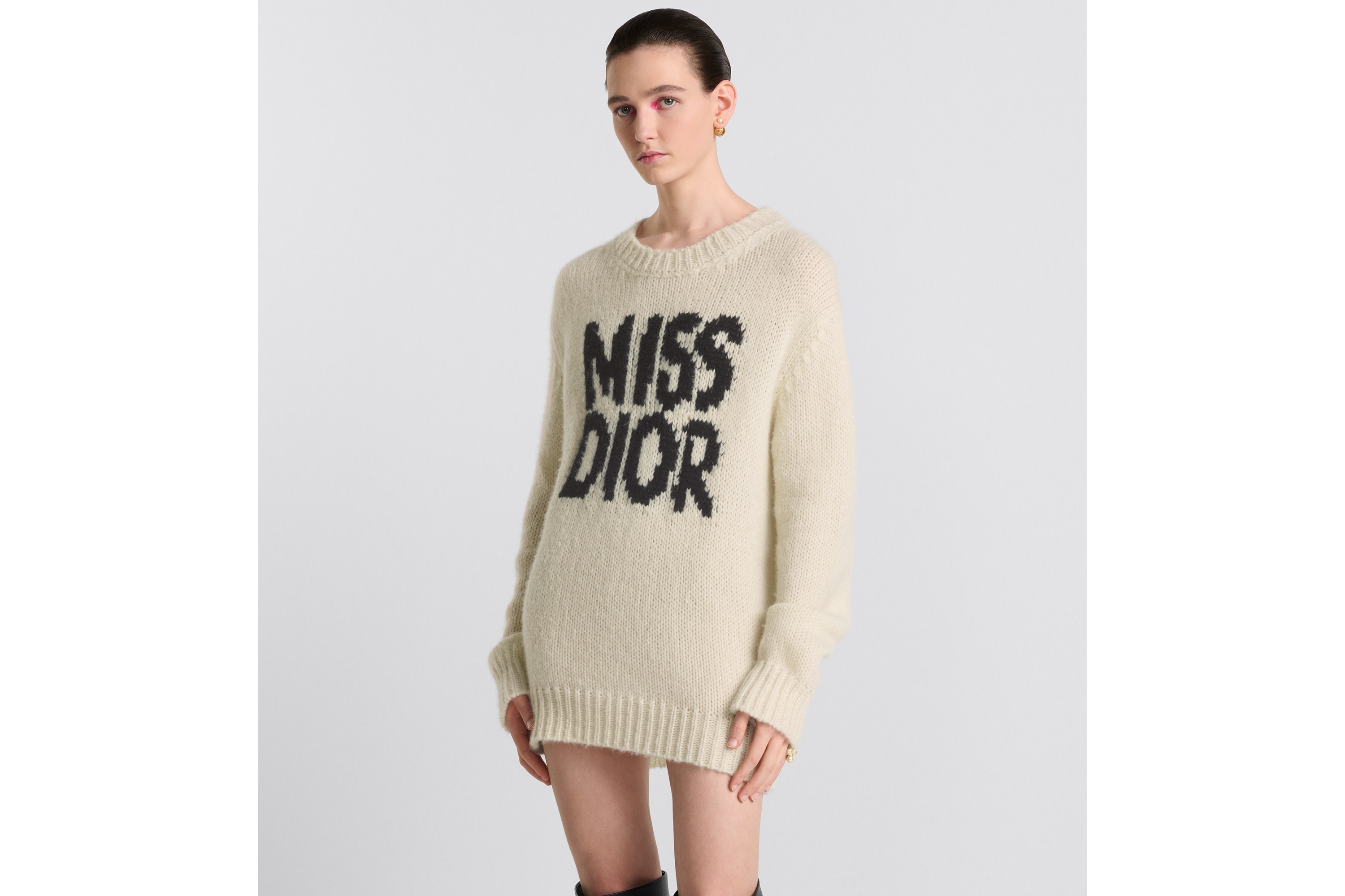 Long Sweater Ecru Cashmere and Silk Knit with Black Miss Dior Graffiti ...