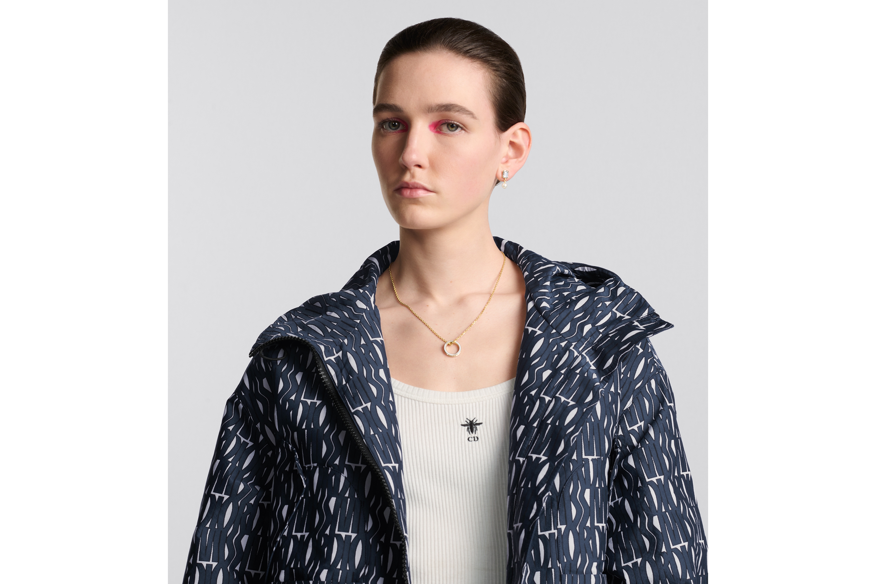 Waterproof Hooded Jacket White Technical Taffeta Jacquard with Navy ...