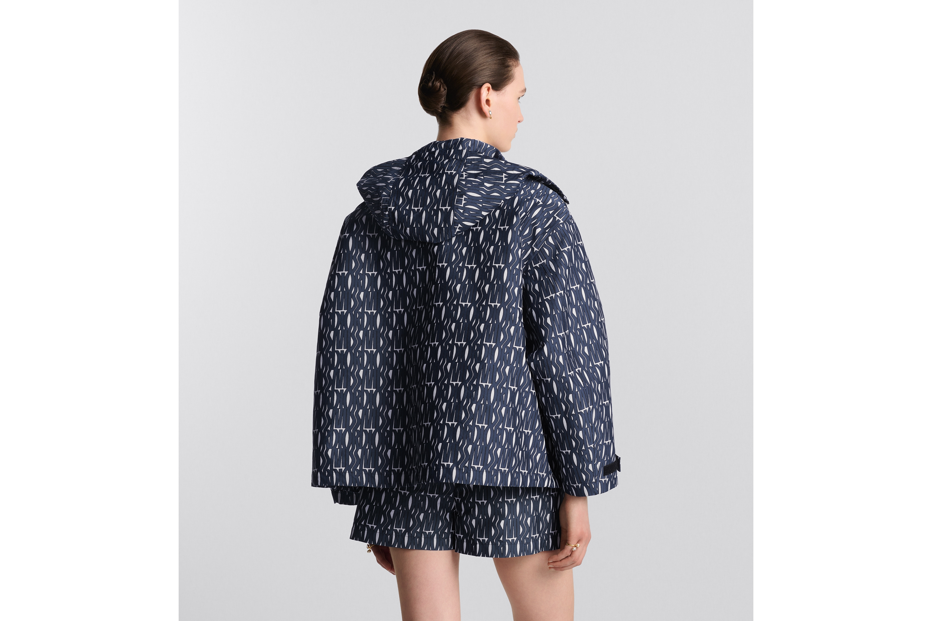 Waterproof Hooded Jacket White Technical Taffeta Jacquard with Navy ...