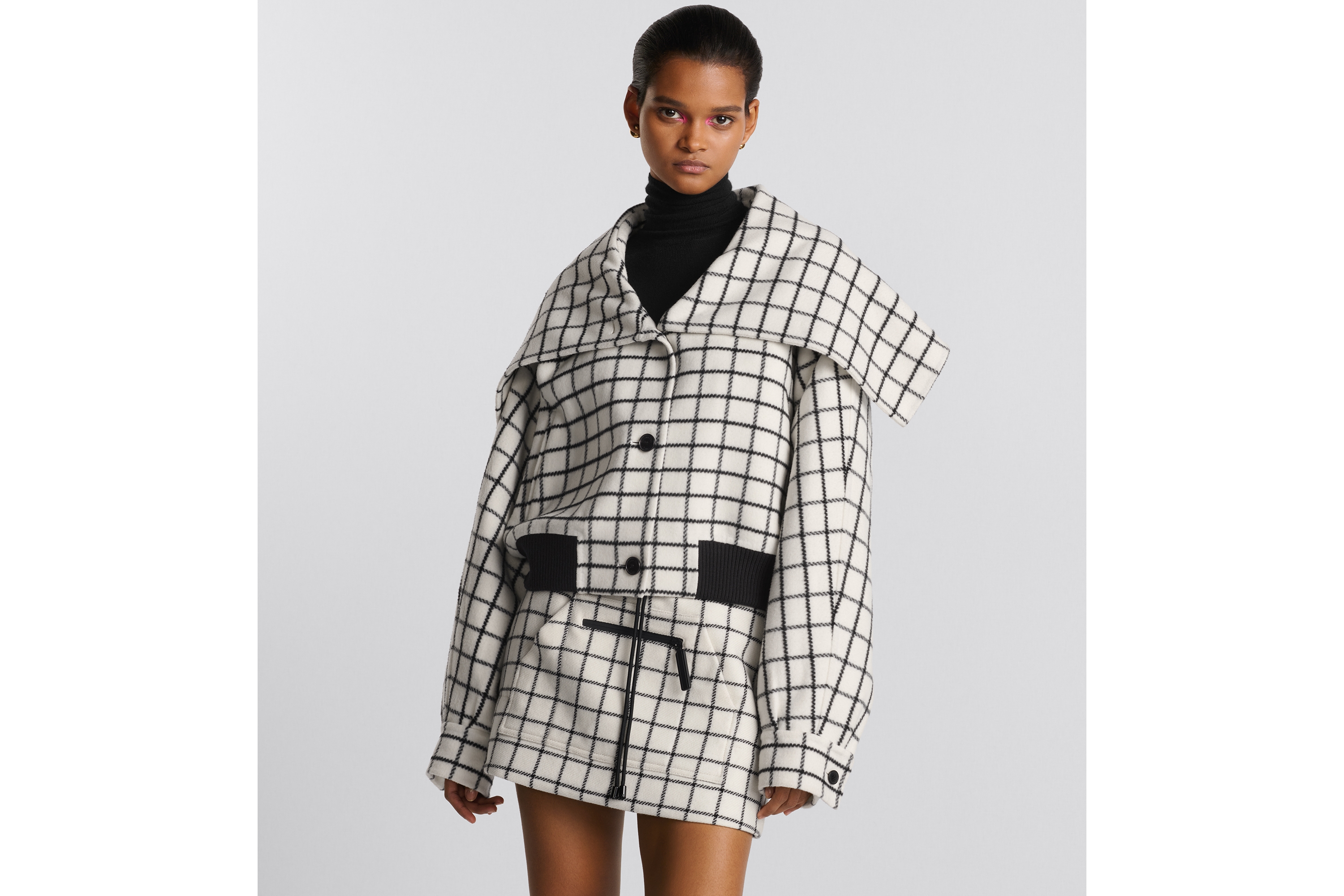 Bomber Jacket with Oversized Collar White and Black Double-Sided Check ...