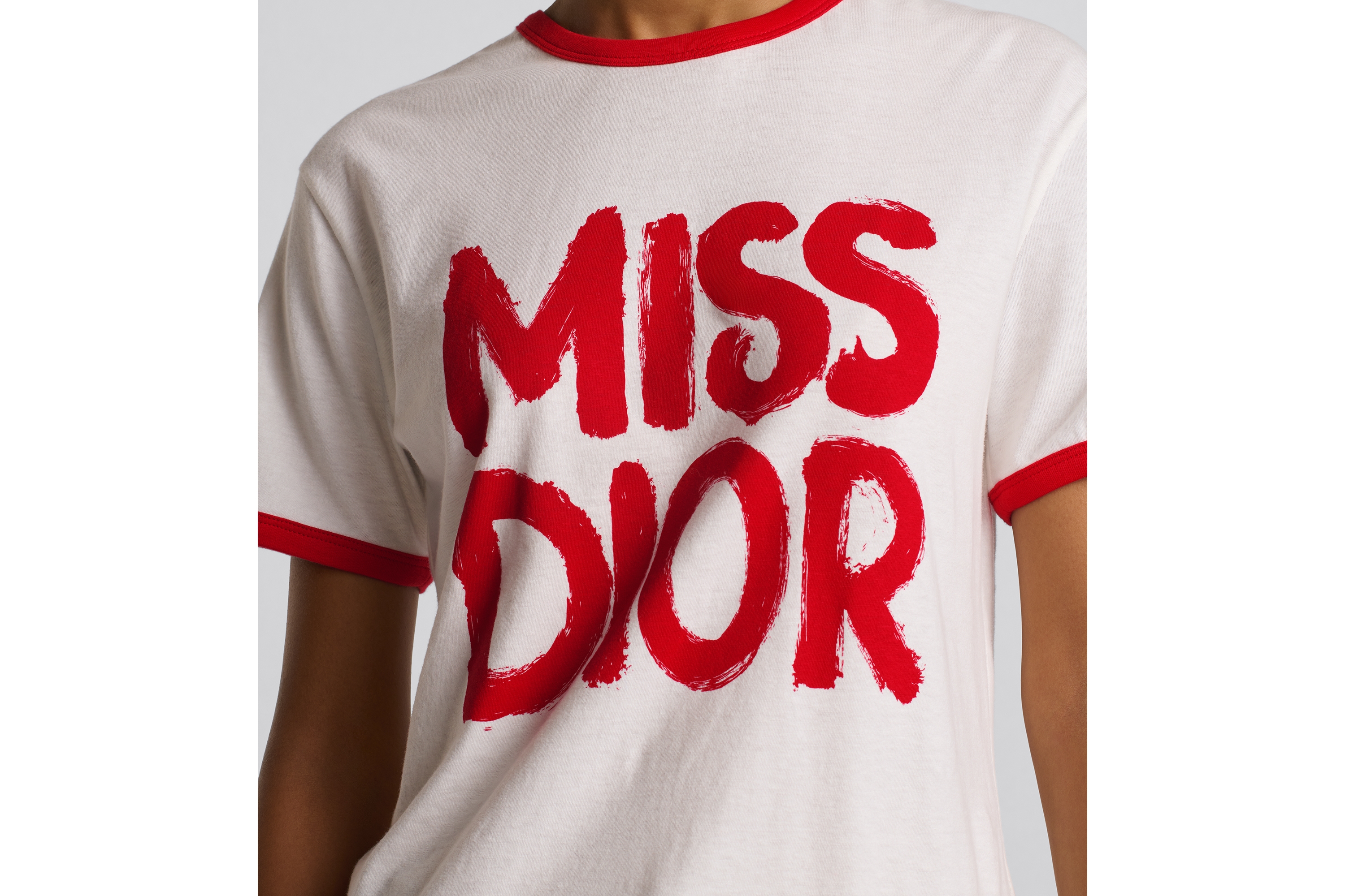 T-Shirt White Cotton and Linen Jersey with Red Miss Dior Graffiti Motif ...
