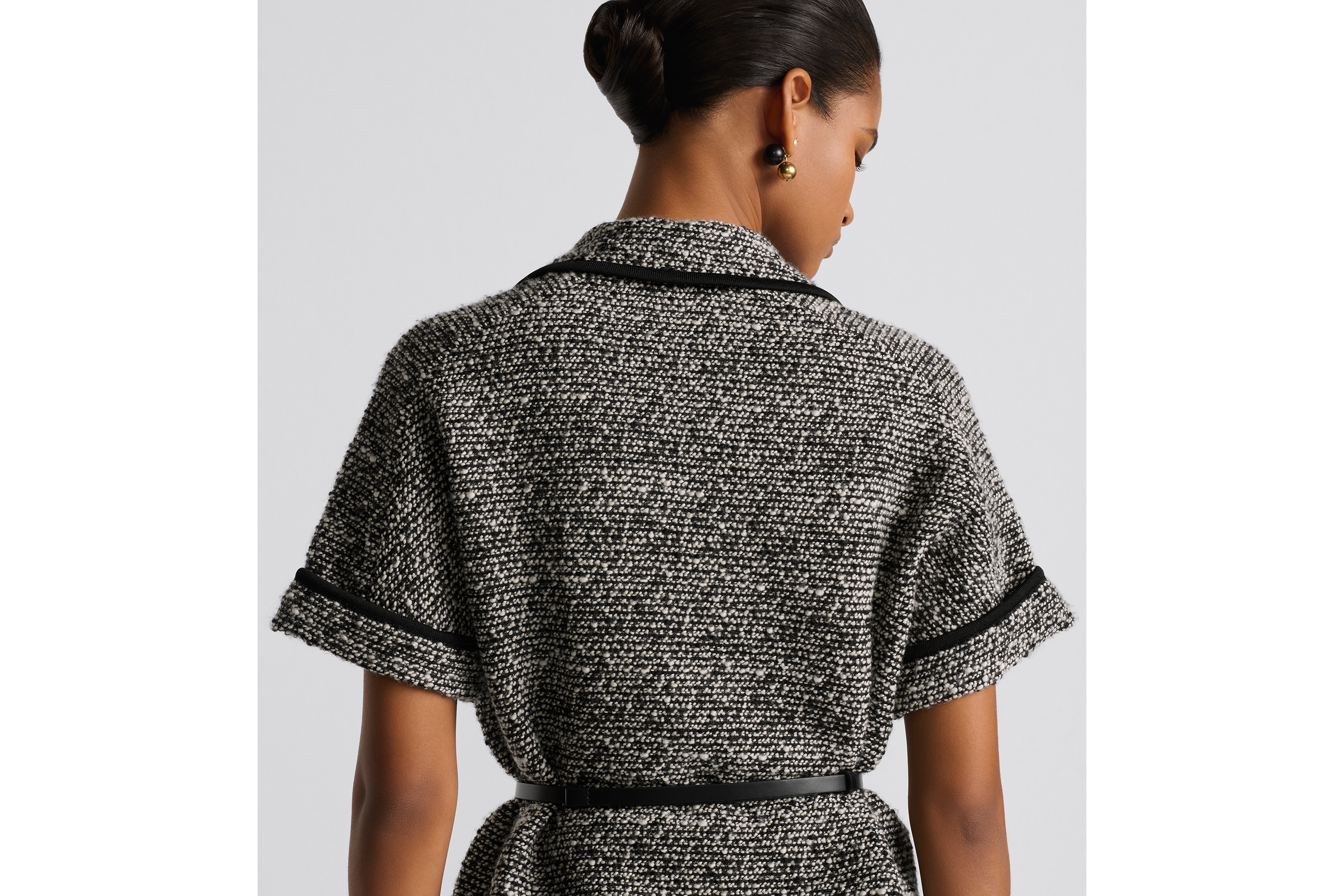 Short-Sleeved Belted Jacket Black Wool-Blend Heathered Textured Knit | DIOR