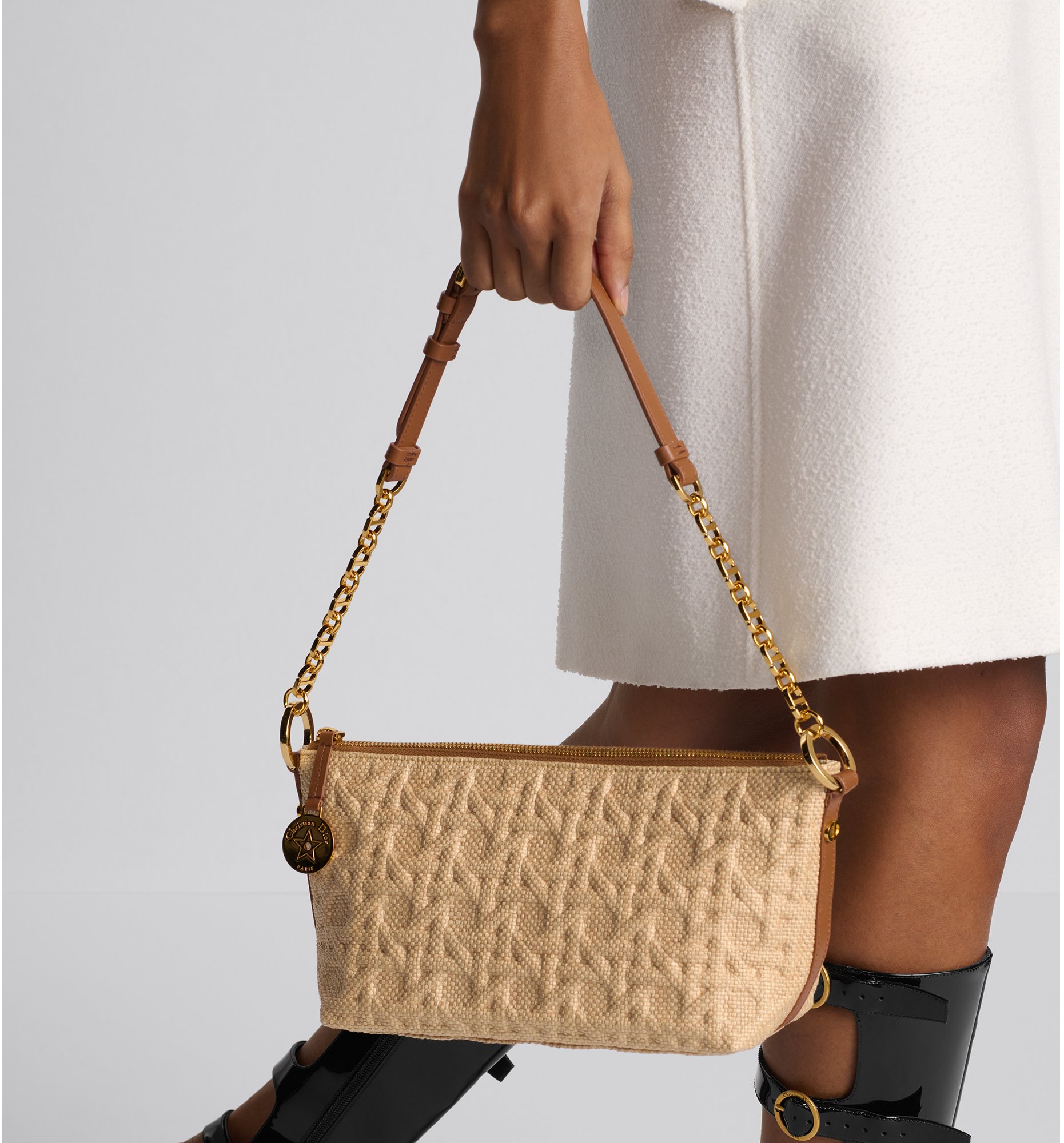 Diorstar Hobo Bag with Chain Beige Graphic Cannage Raffia | DIOR