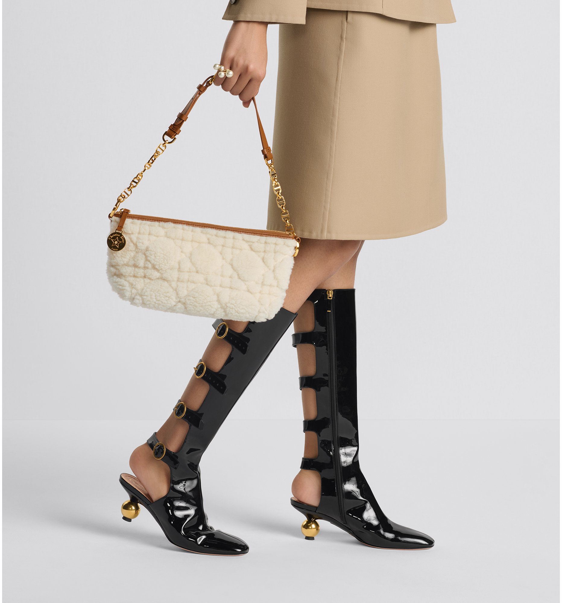 Diorstar Hobo Bag with Chain Ecru Cannage Lambskin Shearling | DIOR