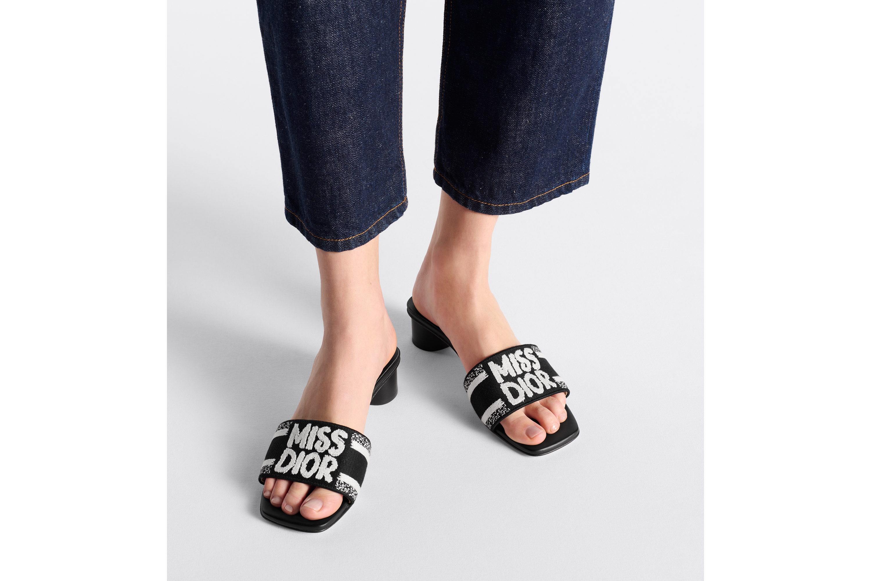 Dway Heeled Slide Black and White Embroidered Cotton | DIOR