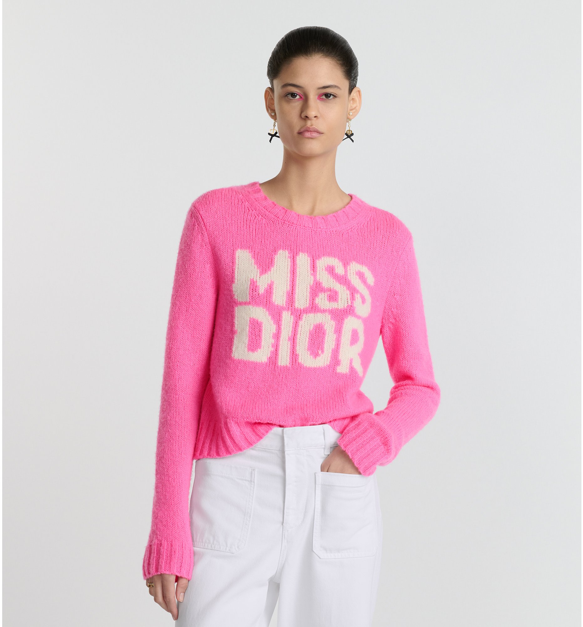 Miss Dior Sweater Bright Pink Cashmere and Silk Knit with White Miss ...