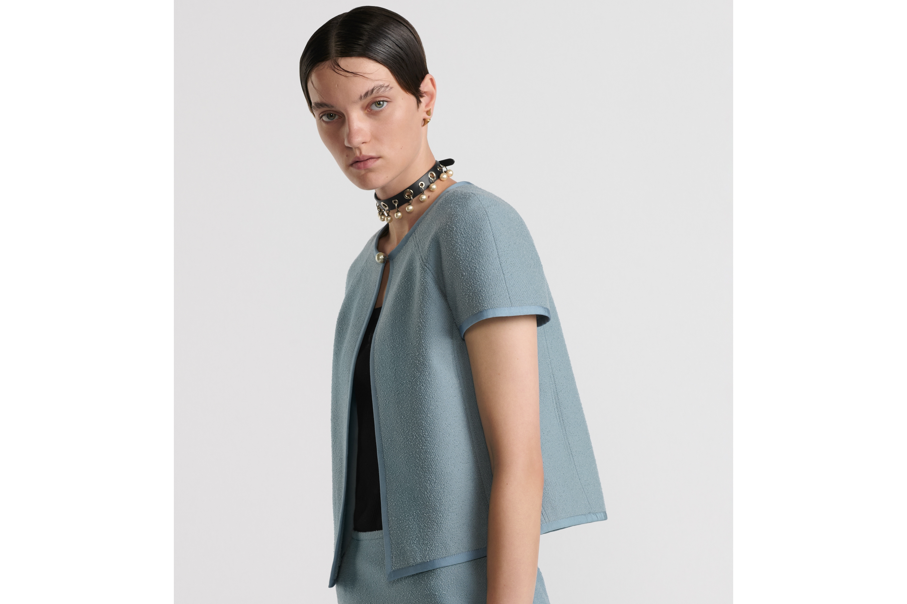 Short-Sleeved Jacket Pastel Blue Virgin Wool and Cotton Bouclé Blend | DIOR