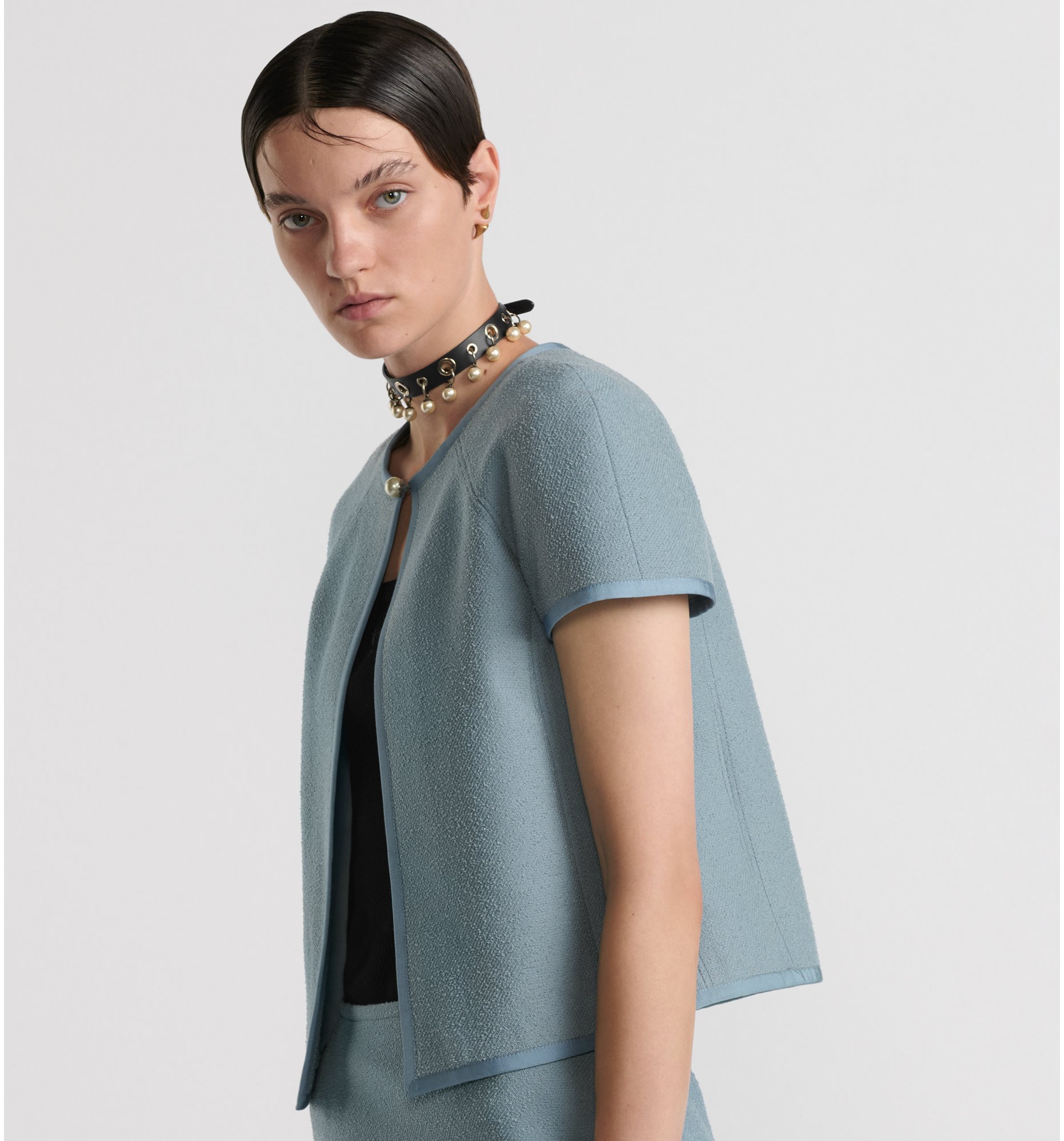 Short-Sleeved Jacket Pastel Blue Virgin Wool and Cotton Bouclé Blend | DIOR