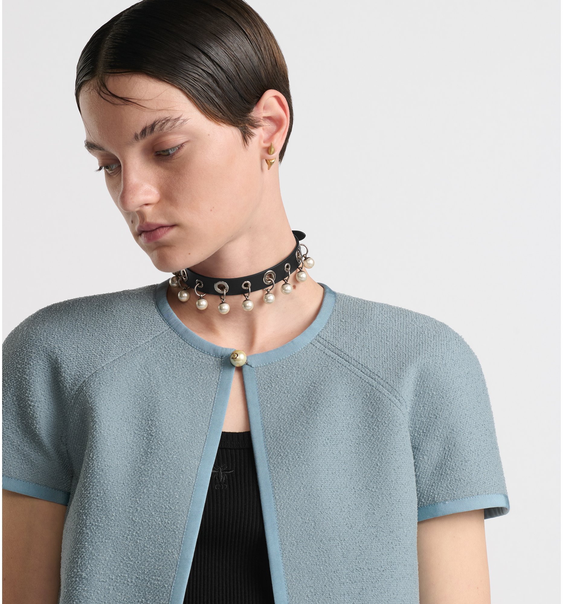 Short-Sleeved Jacket Pastel Blue Virgin Wool and Cotton Bouclé Blend | DIOR