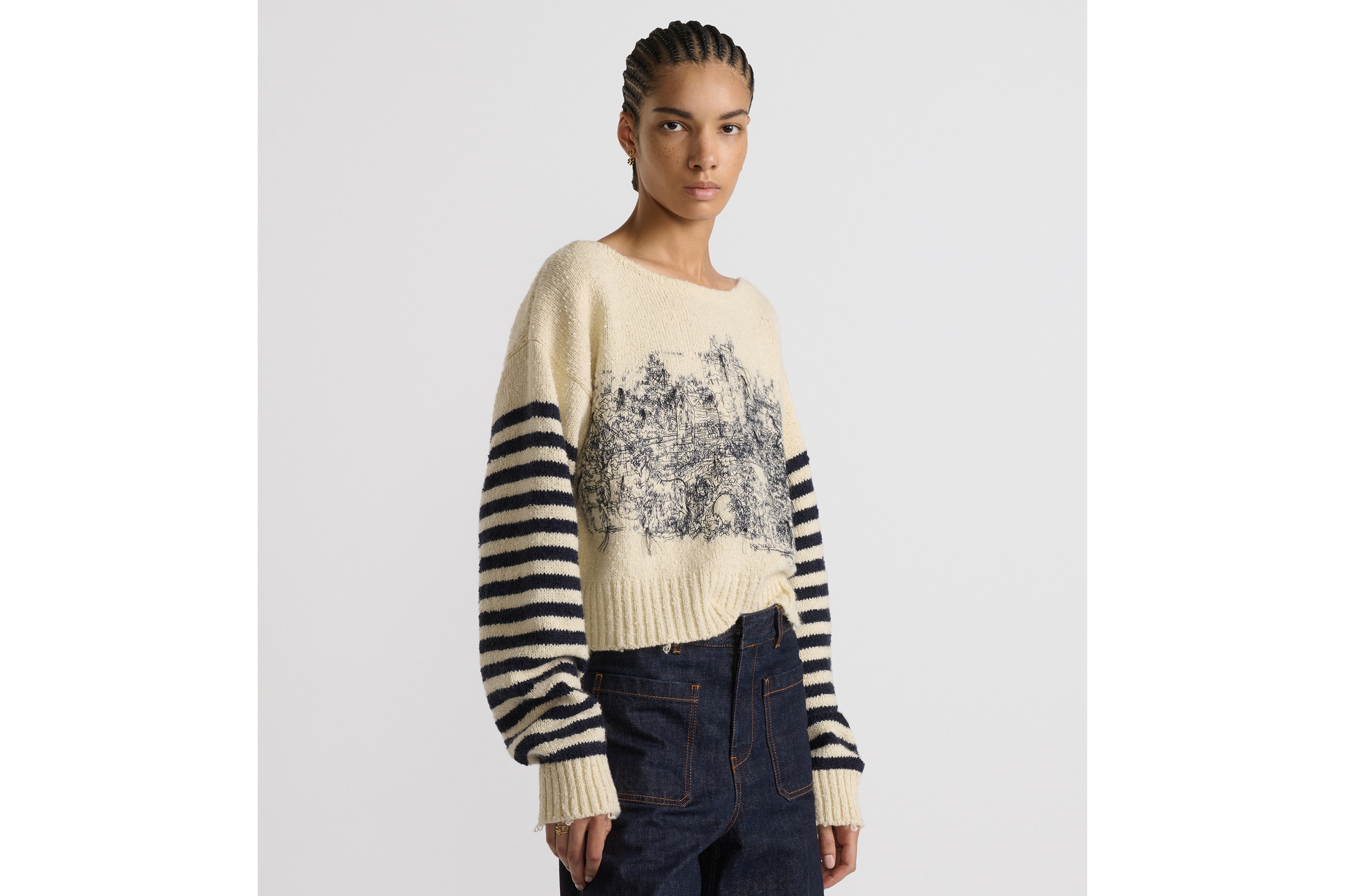 Embroidered Sweater White Blended Cotton, Wool and Mohair Knit with ...