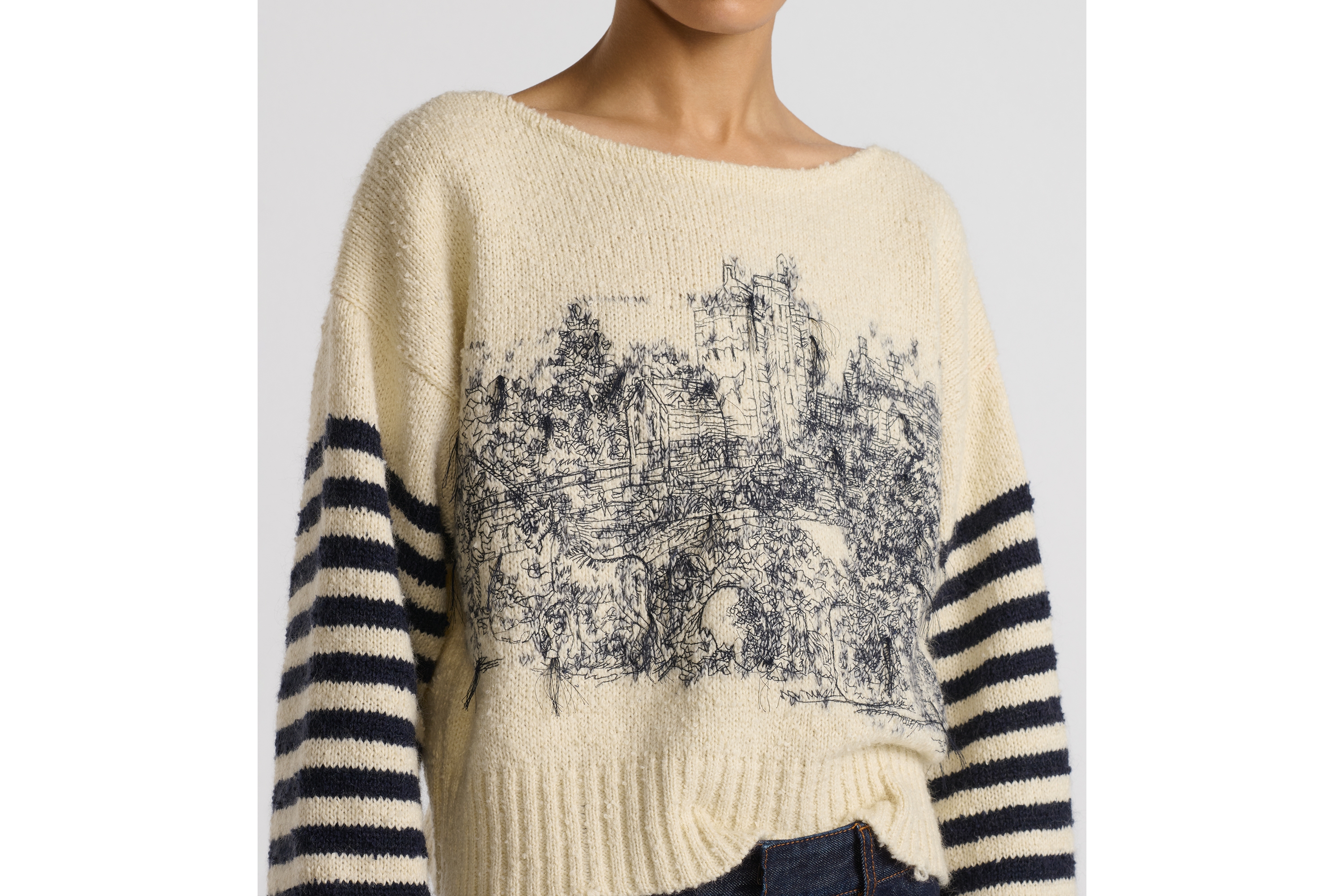 Suéter bordado Malha com mescla de algodão, lã e mohair branca com motivo Toile de Jouy Scotland ...