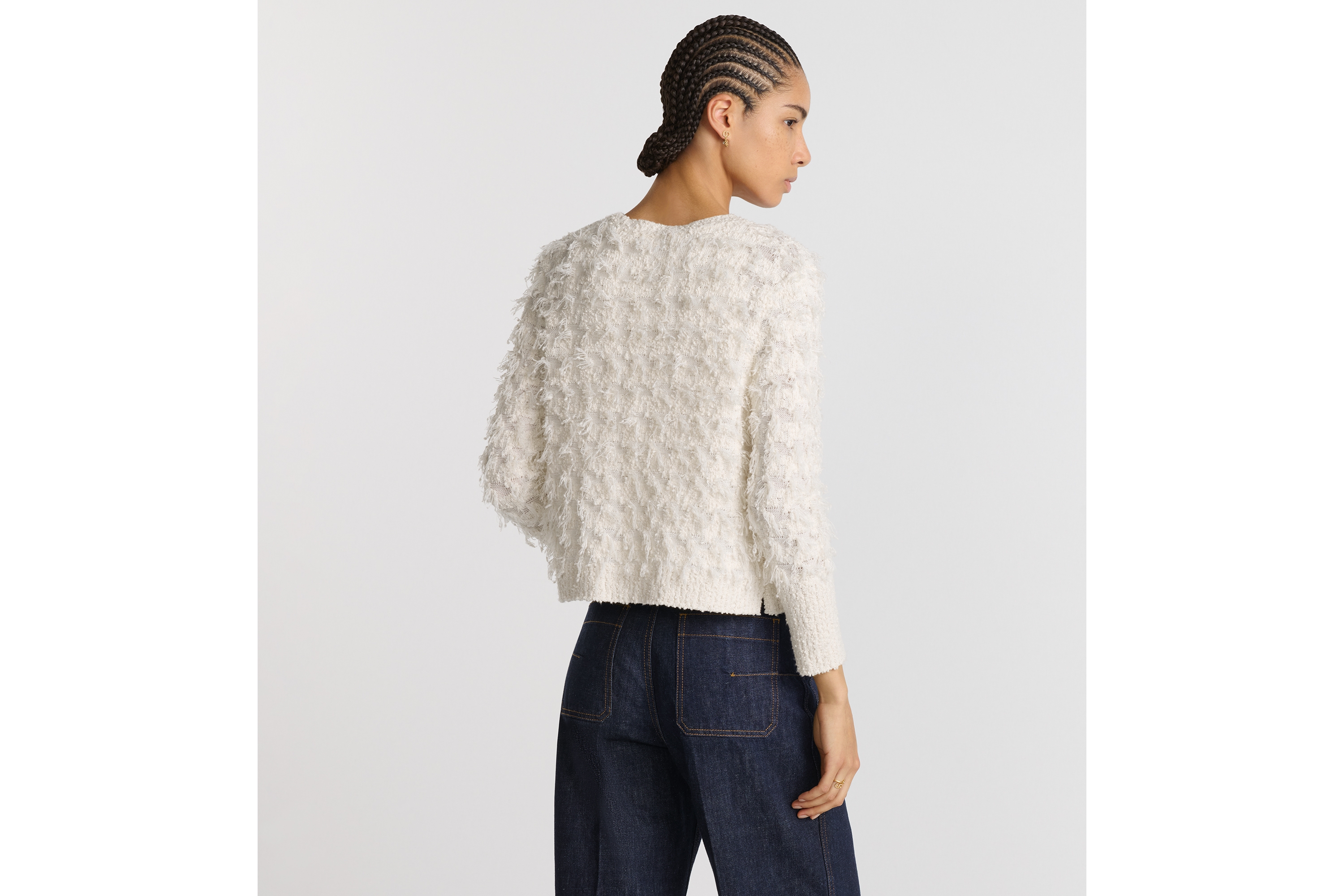 Twinset Ecru Blended Wool and Cotton Bouclé Knit with Houndstooth Motif ...