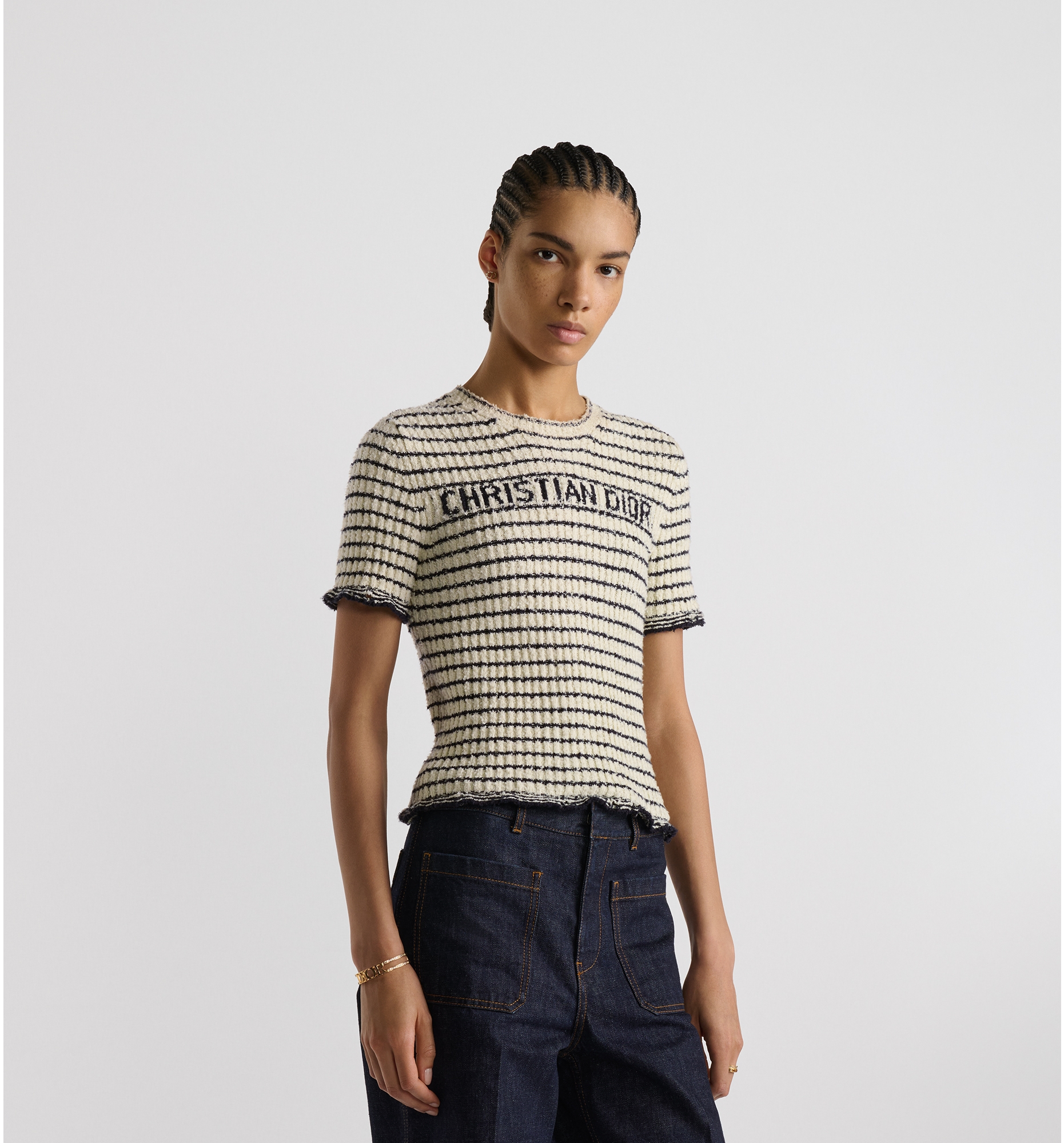 Blusa Dior Marinière com mangas curtas Malha canelada de algodão azul ...