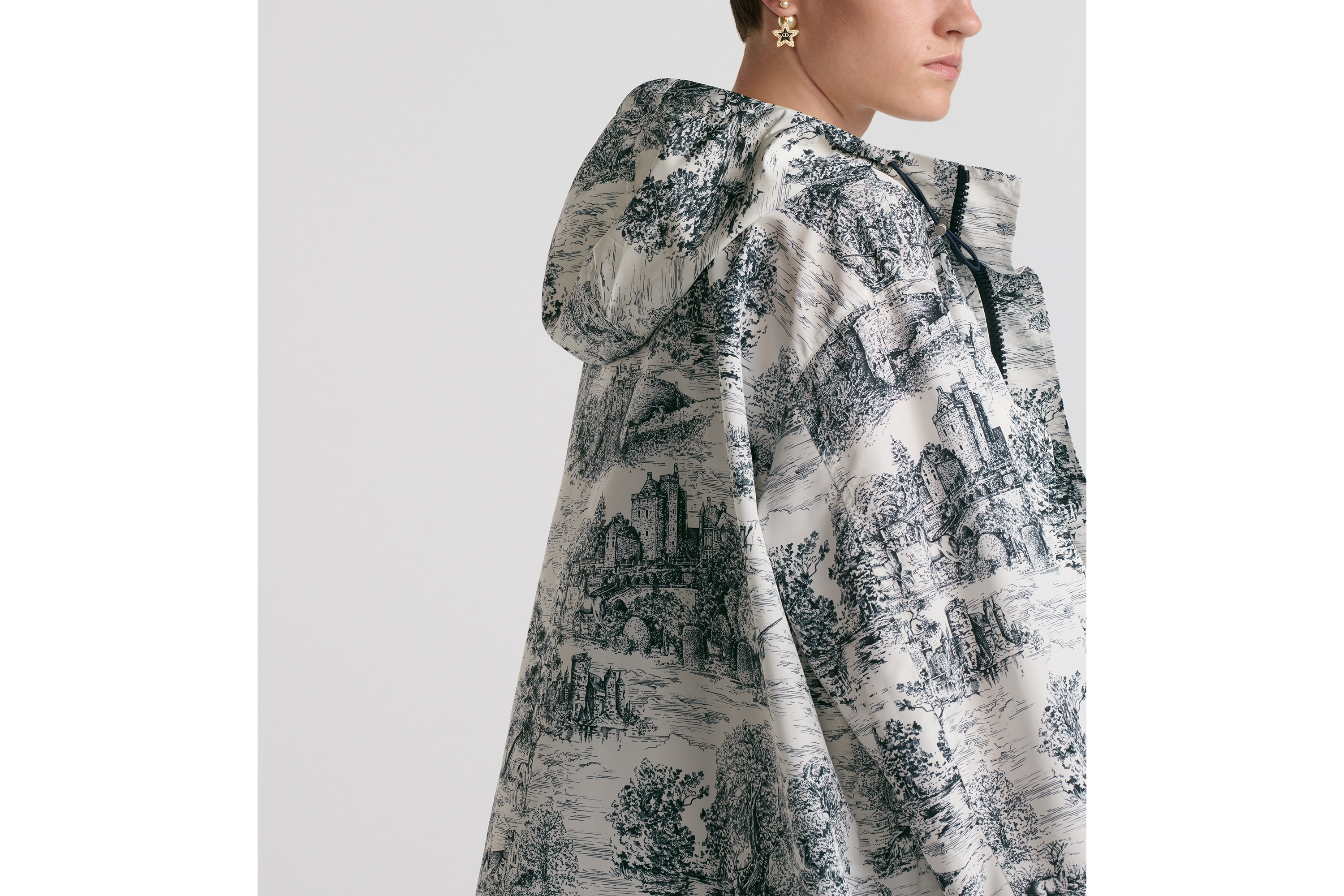 Waterproof Hooded Jacket White Technical Taffeta Jacquard with Blue ...