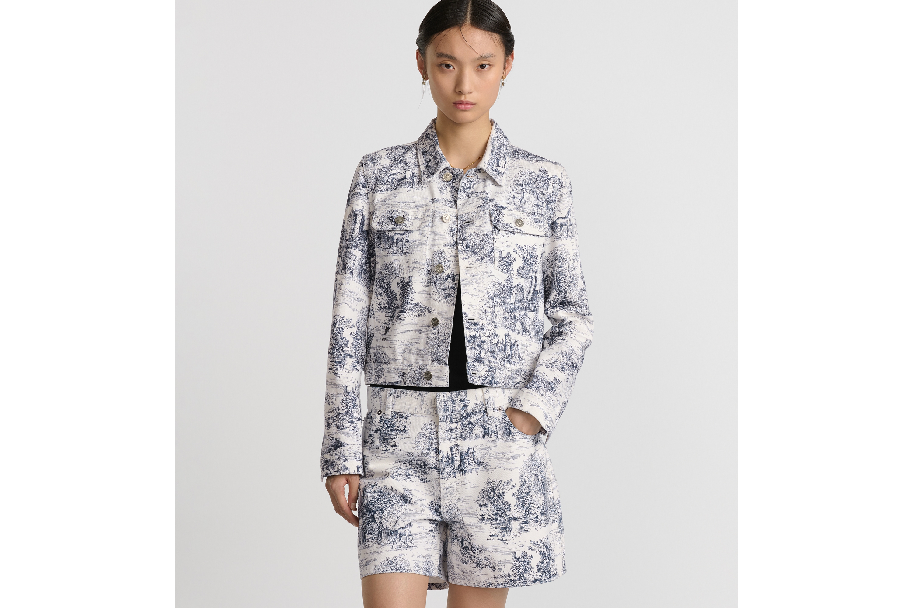 Jacket White Cotton Denim with Blue Toile de Jouy Scotland Motif | DIOR