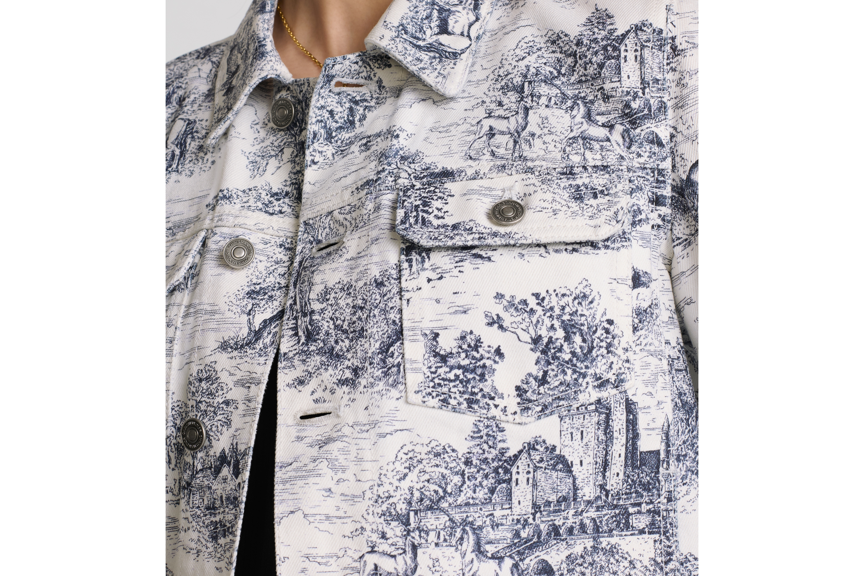 Jacket White Cotton Denim with Blue Toile de Jouy Scotland Motif | DIOR