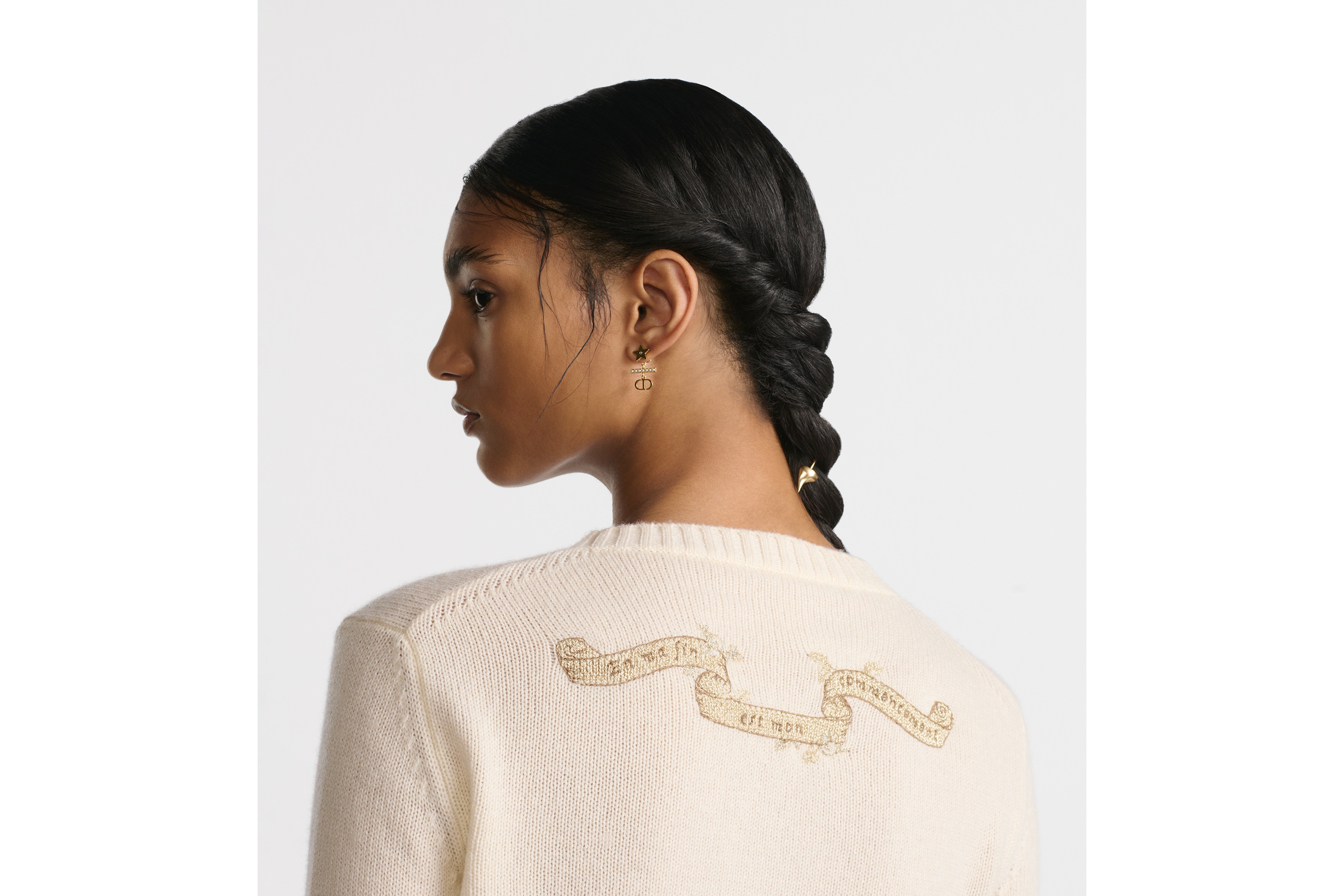 Embroidered Sweater Ecru Cashmere Knit with Gold-Tone Dior Around the ...