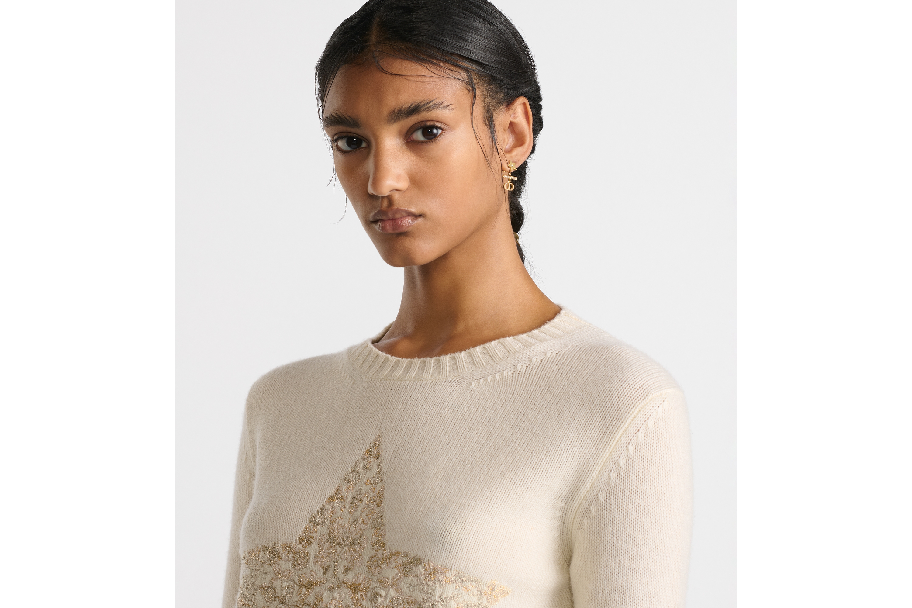 Embroidered Sweater Ecru Cashmere Knit with Gold-Tone Dior Around the ...