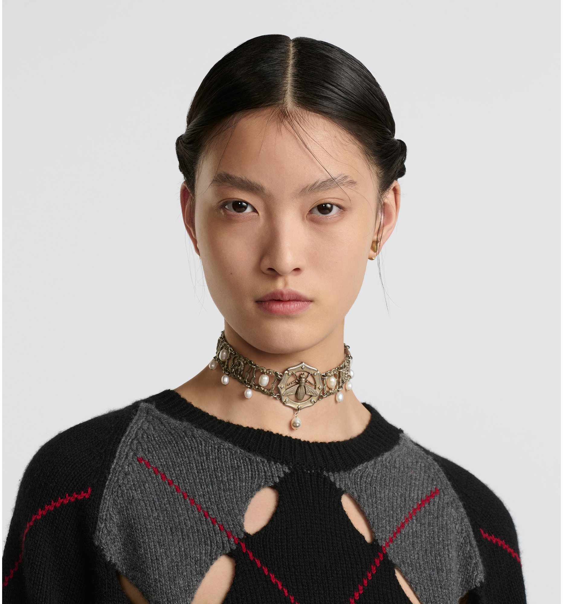 Suéter Malha vazada de cashmere preta, cinza e vermelha com motivo de ...