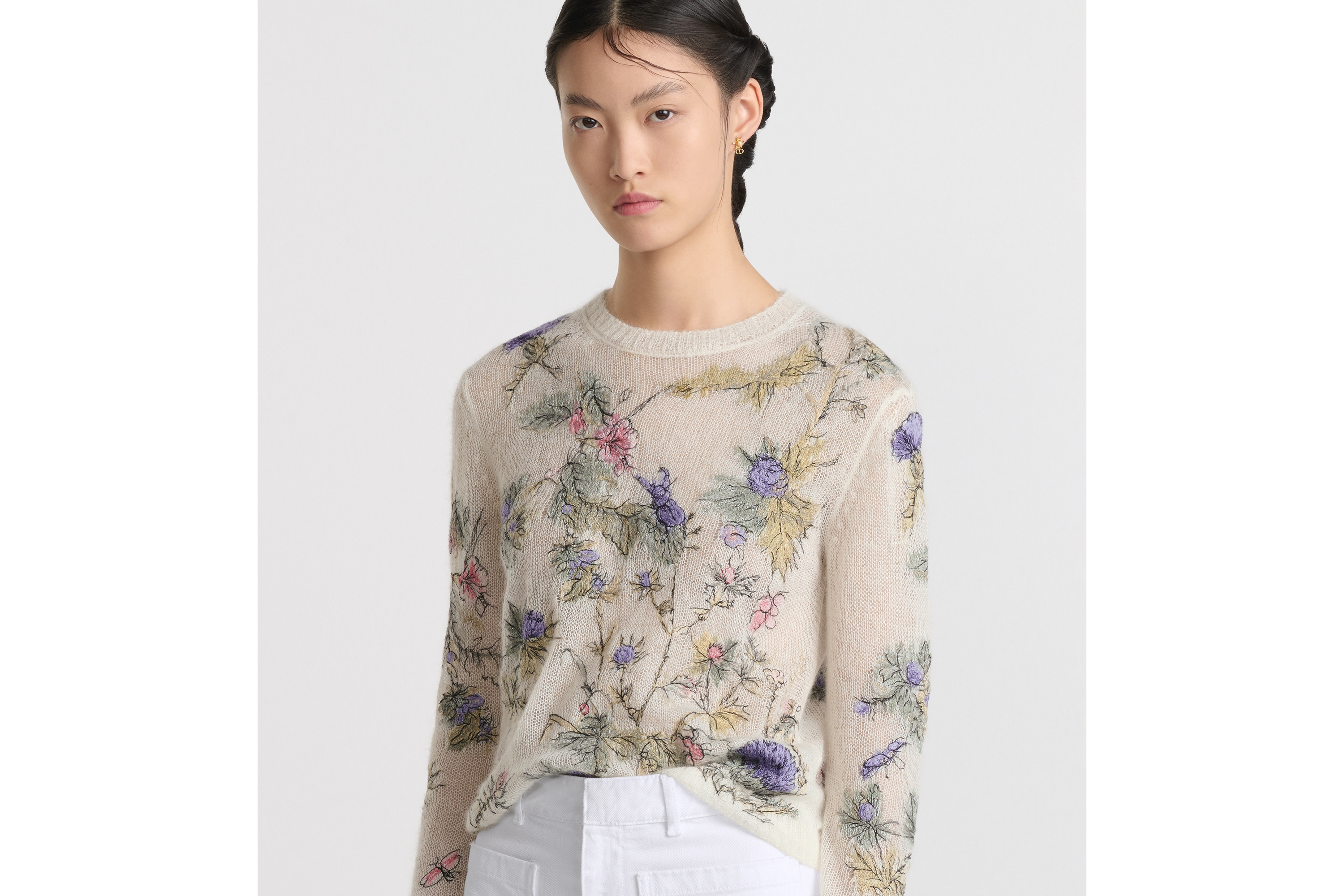 Embroidered Sweater White Blended Cashmere, Silk, Mohair and Alpaca ...