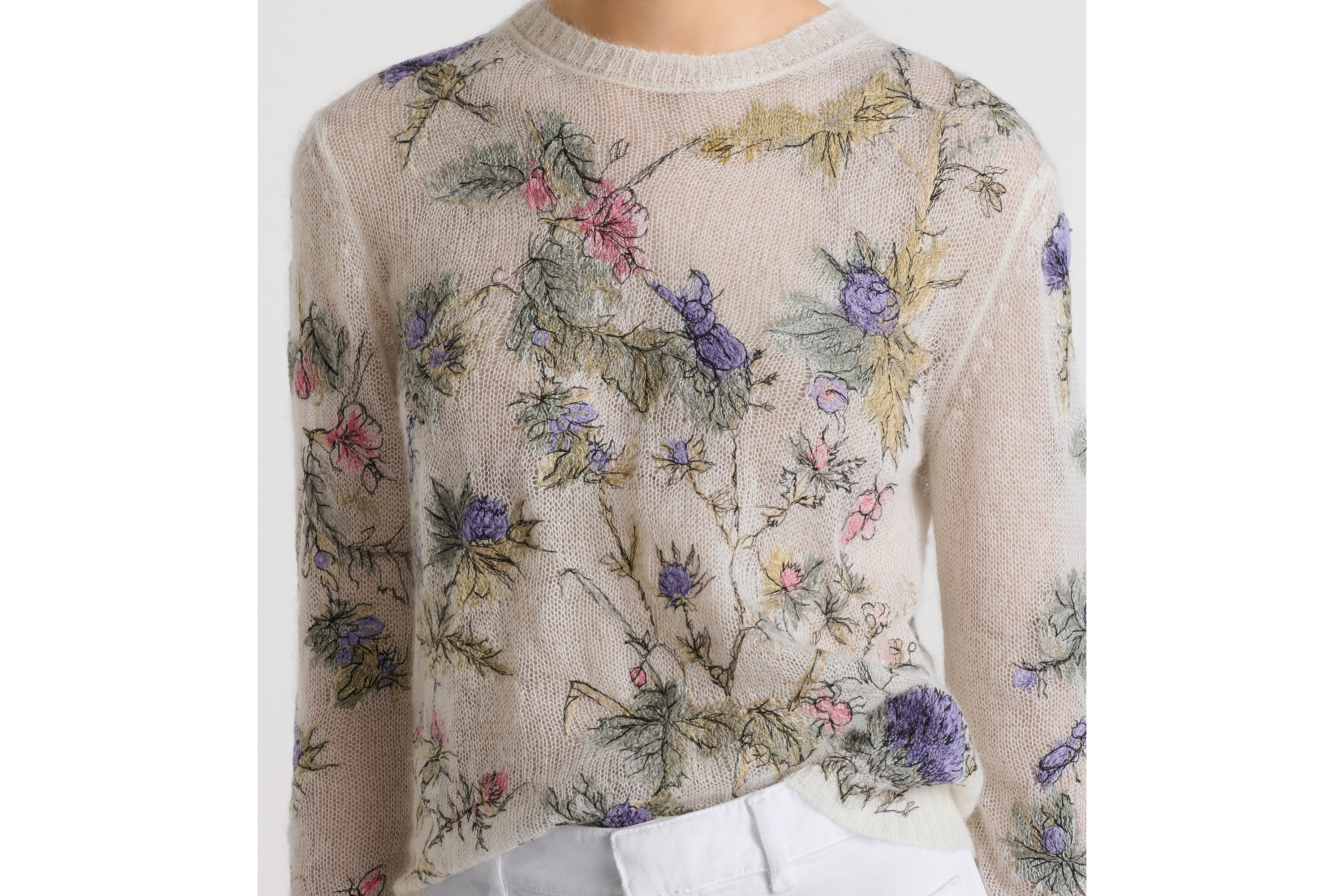 Embroidered Sweater White Blended Cashmere, Silk, Mohair and Alpaca ...