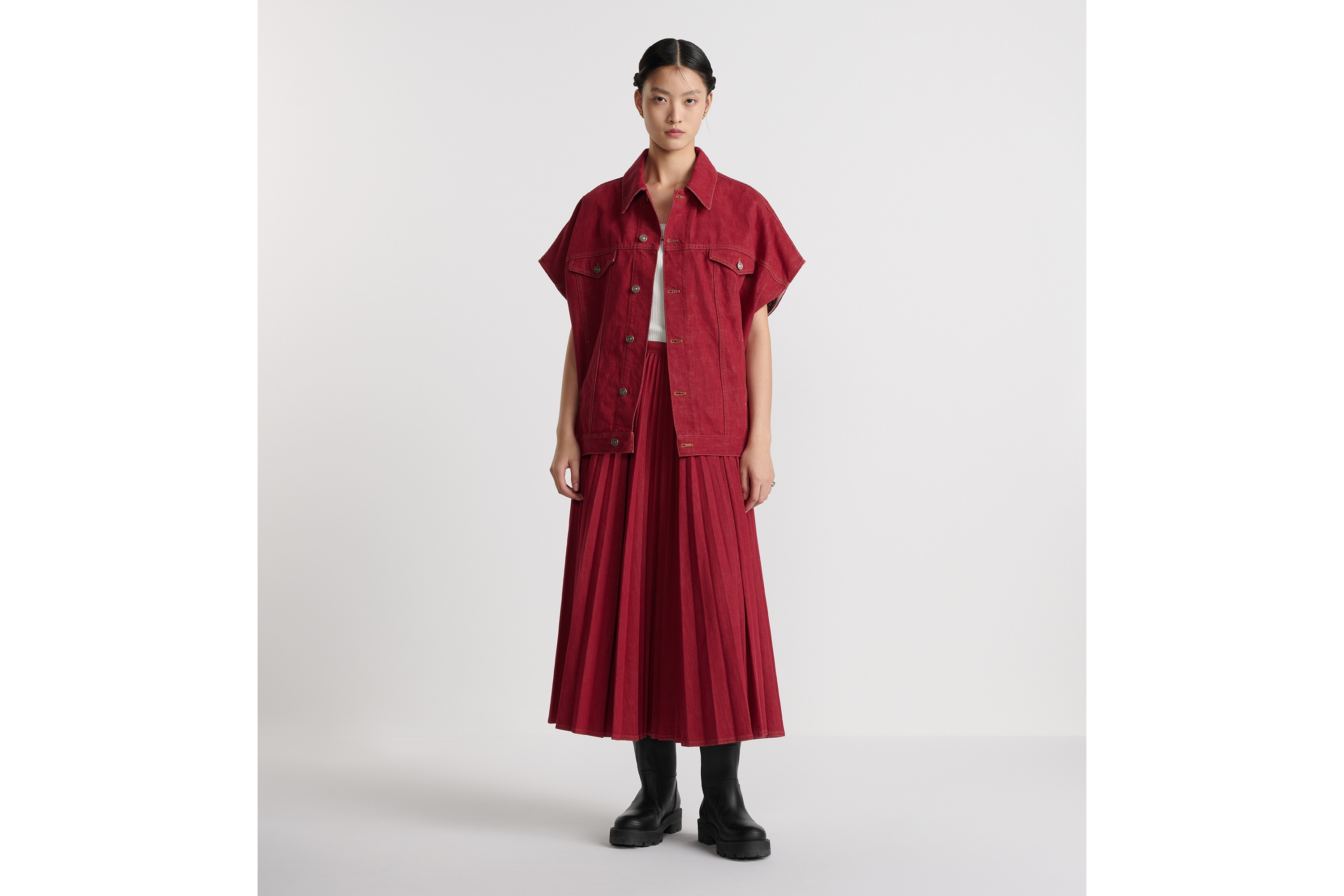 Pleated Mid-Length Skirt Bright Red Cotton Denim | DIOR