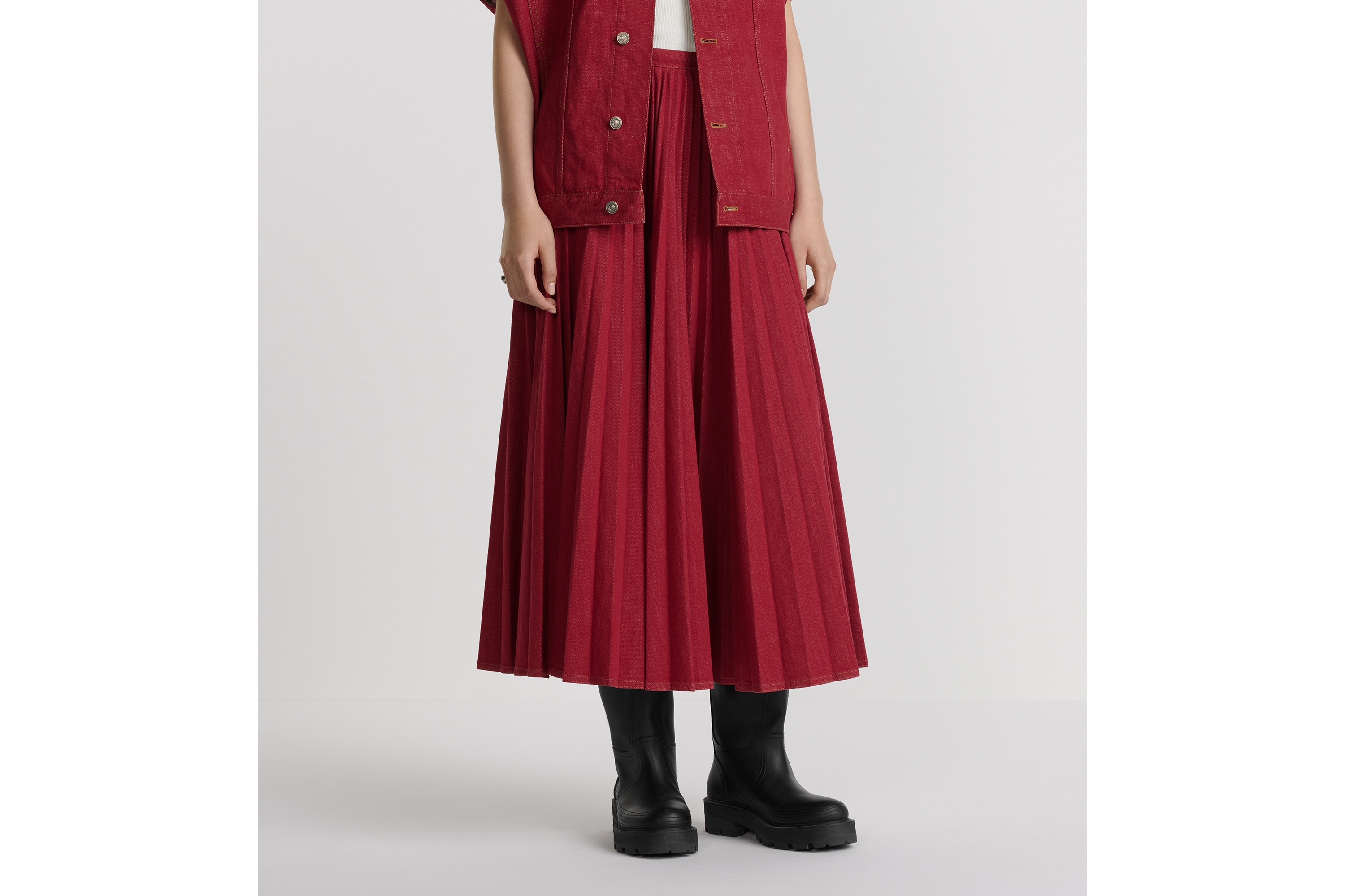Pleated Mid-Length Skirt Bright Red Cotton Denim | DIOR