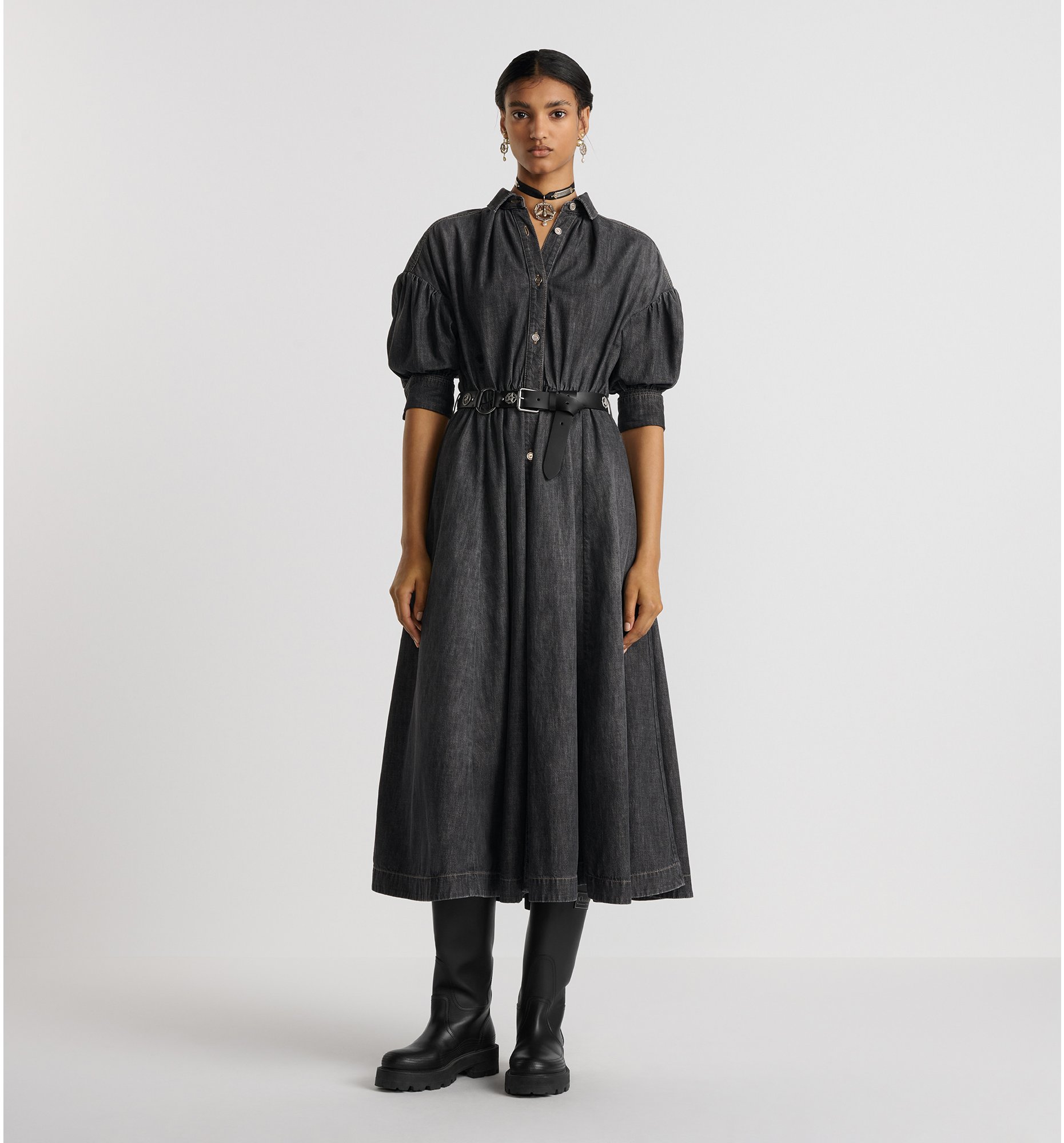 Robe mi-longue évasée Denim de coton délavé noir | DIOR