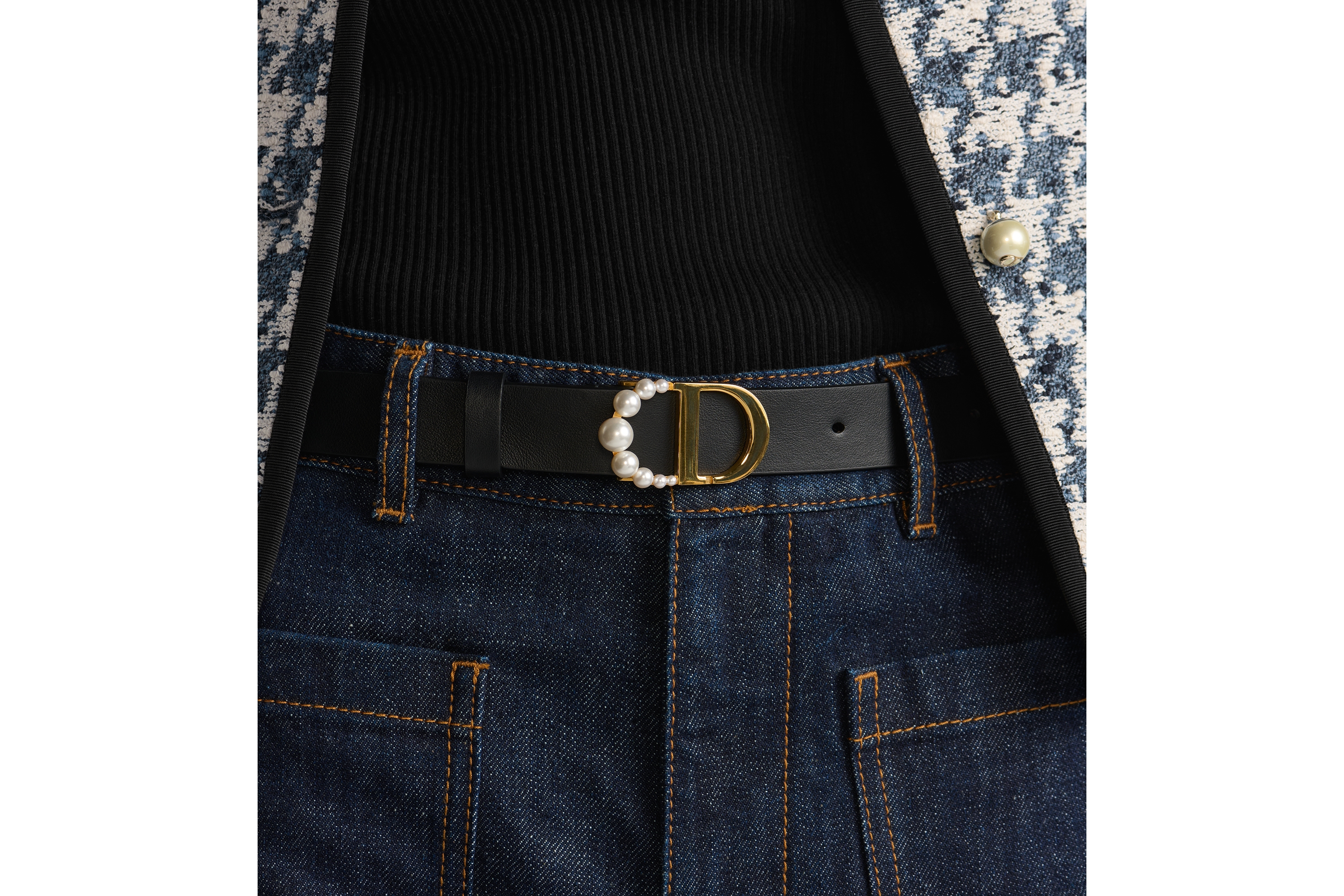 30 Montaigne Belt Black Smooth Calfskin and White Resin Pearls, 25 MM ...