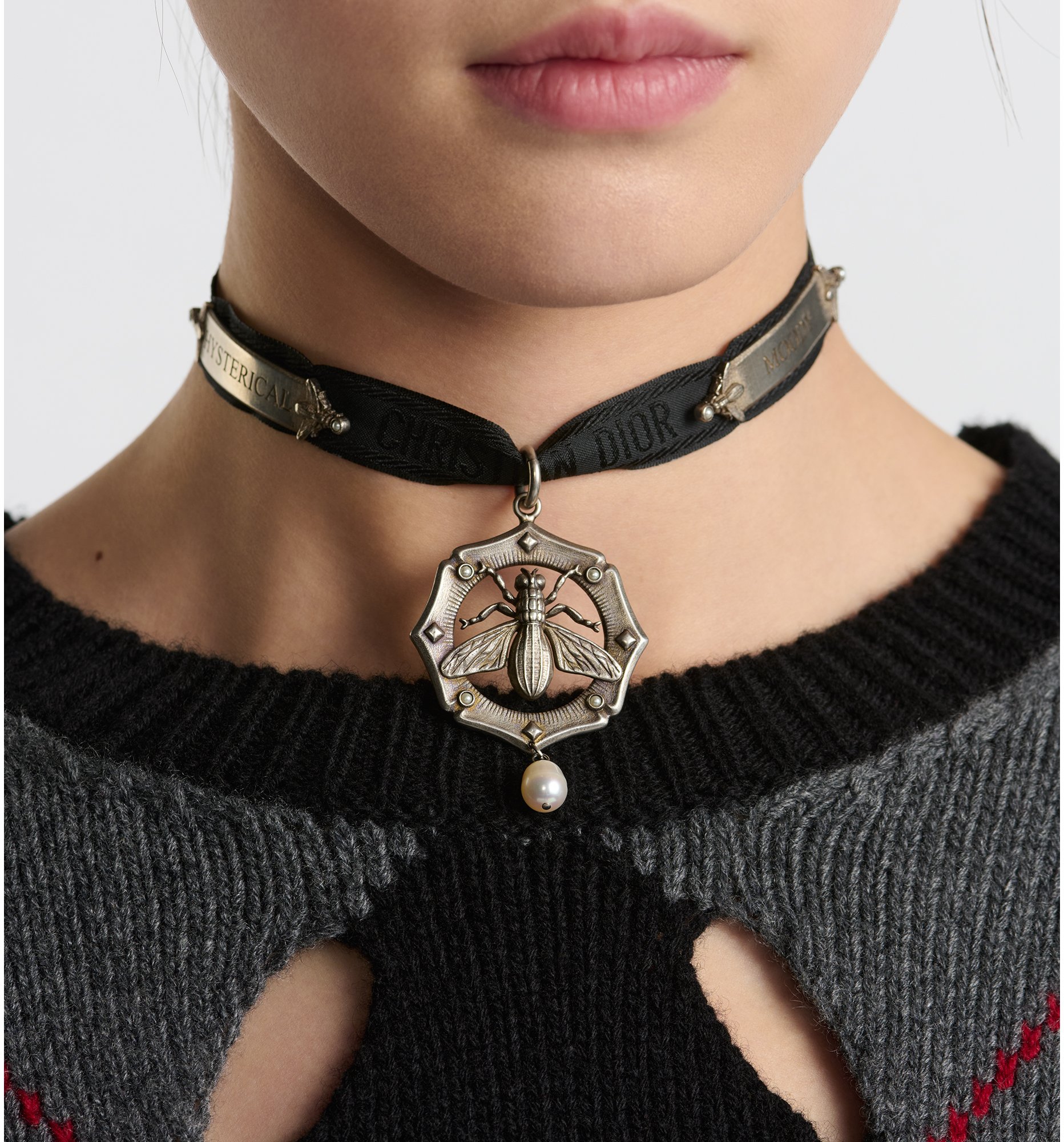 Dior Symbol Choker Black Grosgrain, Semi-Matte Antique Palladium-Finish ...