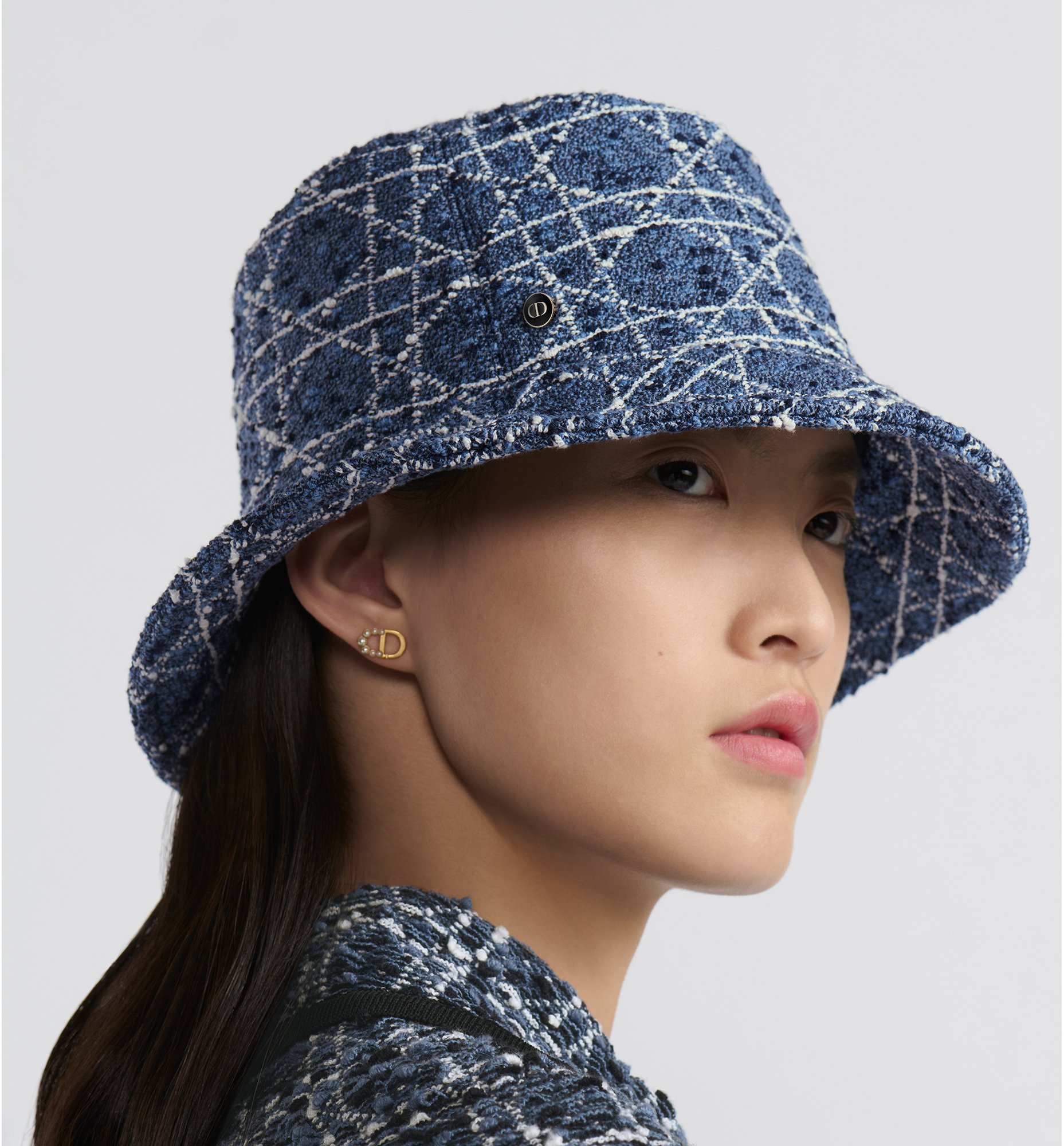Teddy-D 까나쥬 좁은 챙 버킷모자 데님 블루 & 화이트 트위드 | DIOR