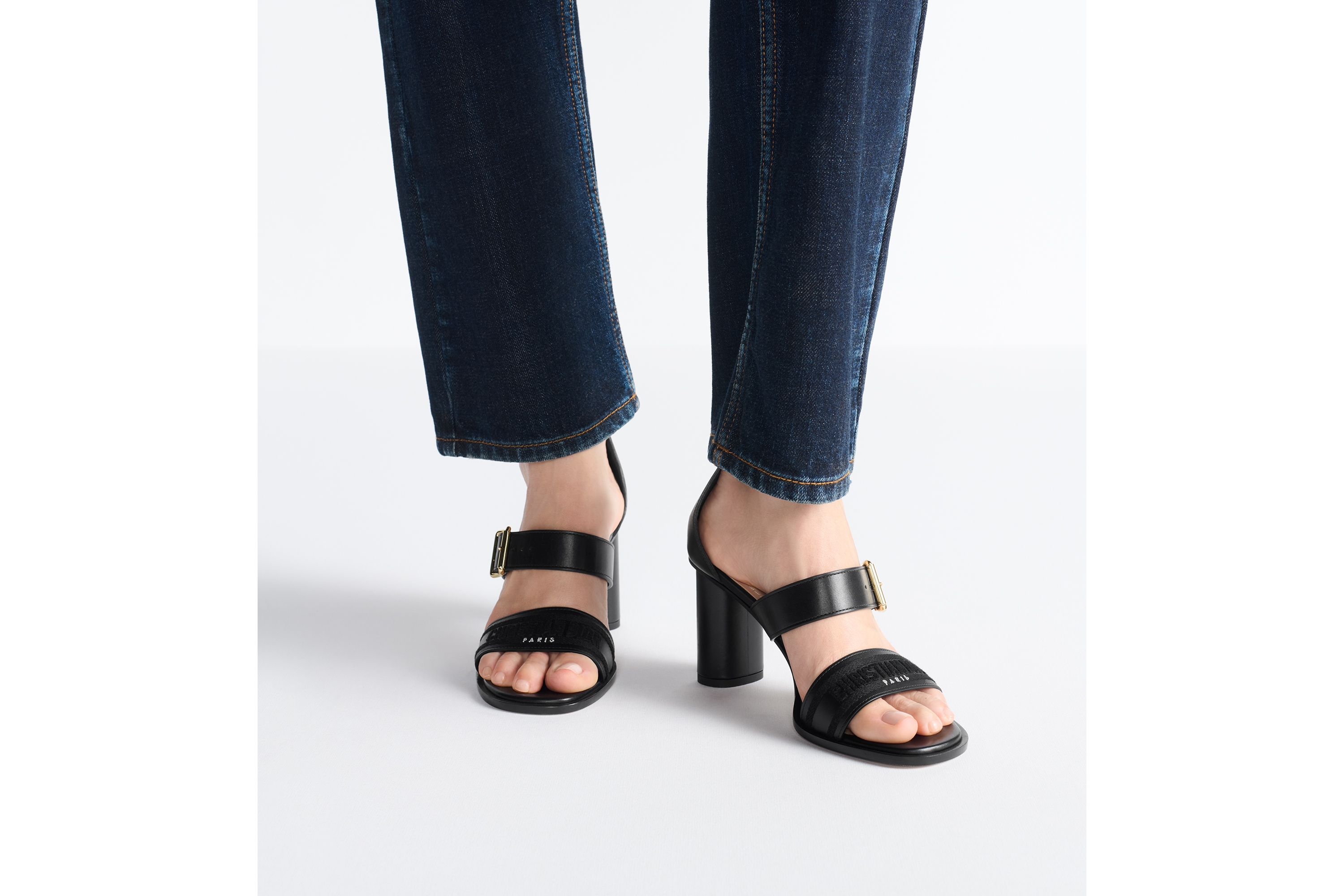 Dway Heeled Sandal Black Calfskin and Embroidered Cotton | DIOR