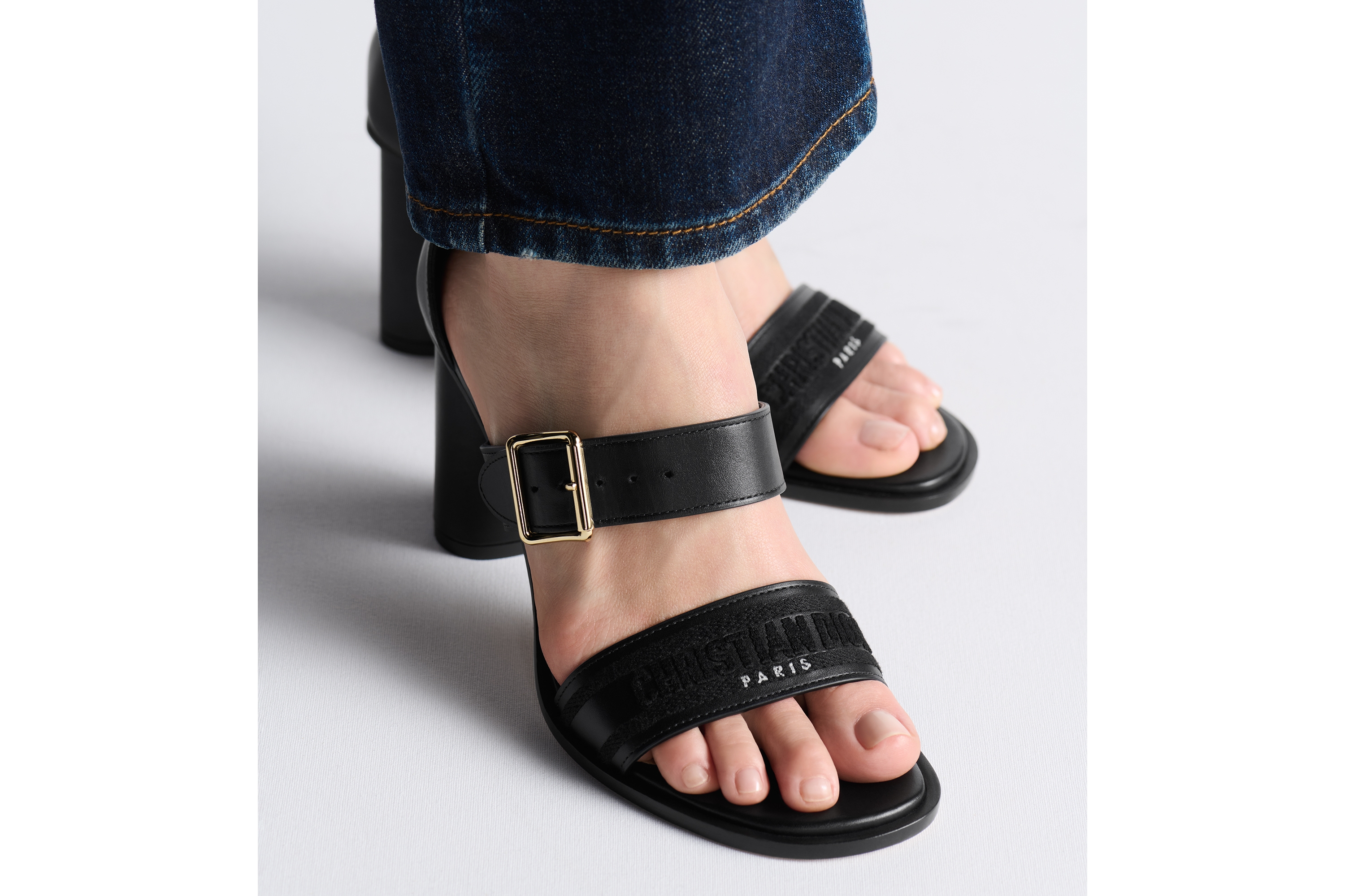 Dway Heeled Sandal Black Calfskin and Embroidered Cotton | DIOR