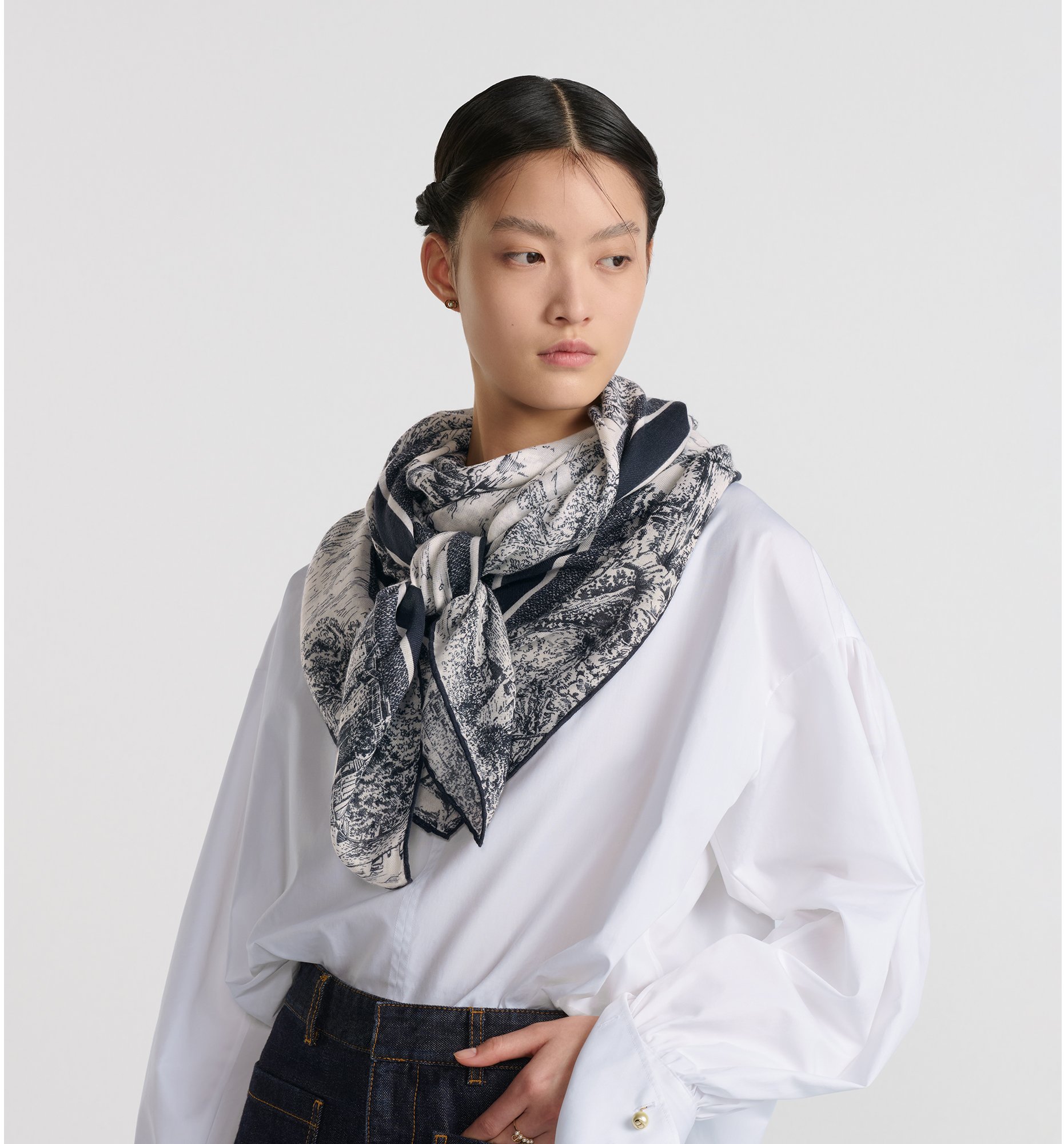 Toile de Jouy Scotland Shawl White and Navy Blue Cashmere | DIOR
