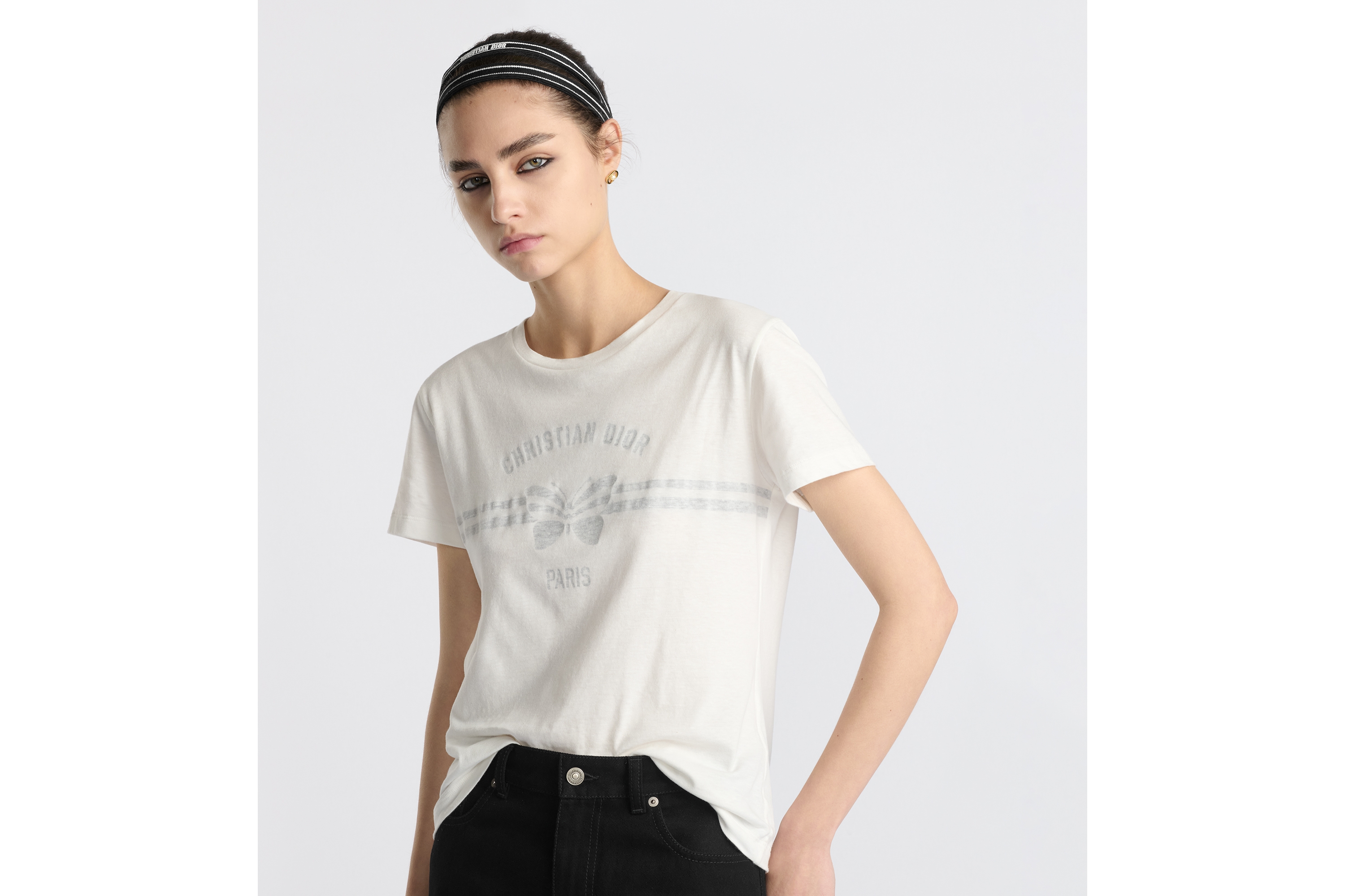 T-Shirt White Cotton and Linen Jersey with Gray Christian Dior Papillon ...