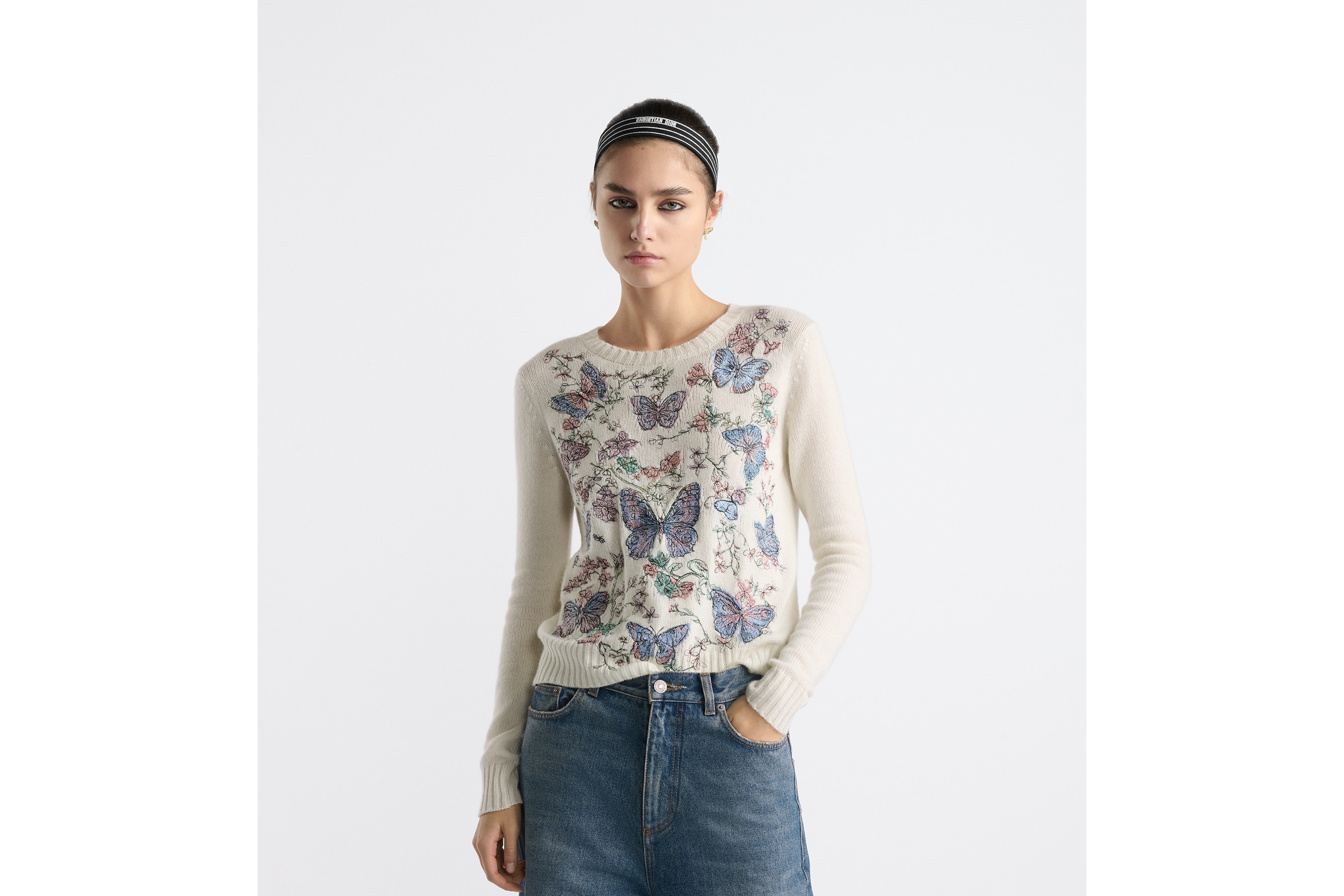 Embroidered Sweater White Cashmere Knit with Multicolor Toile de Jouy ...