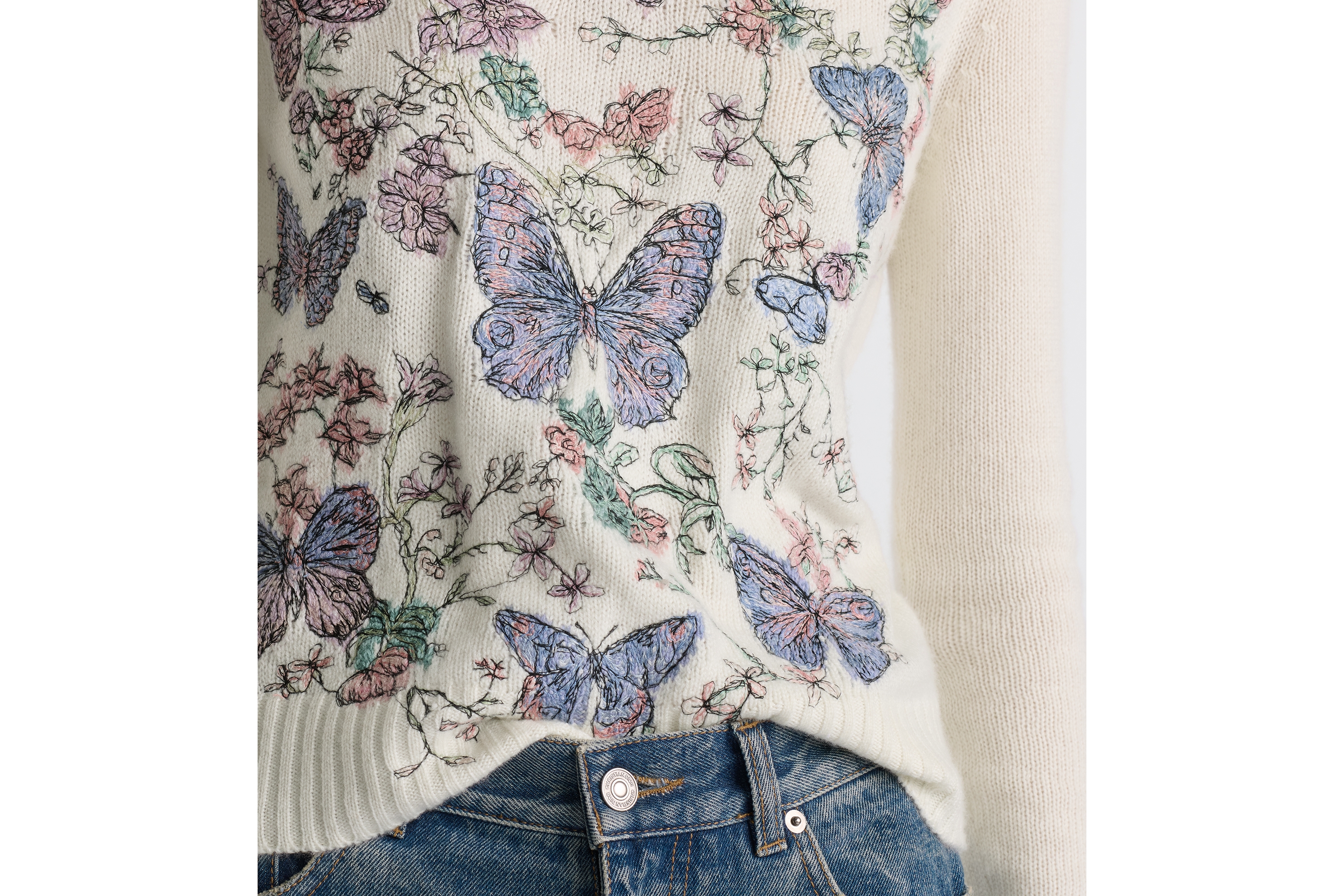 Embroidered Sweater White Cashmere Knit with Multicolor Toile de Jouy ...