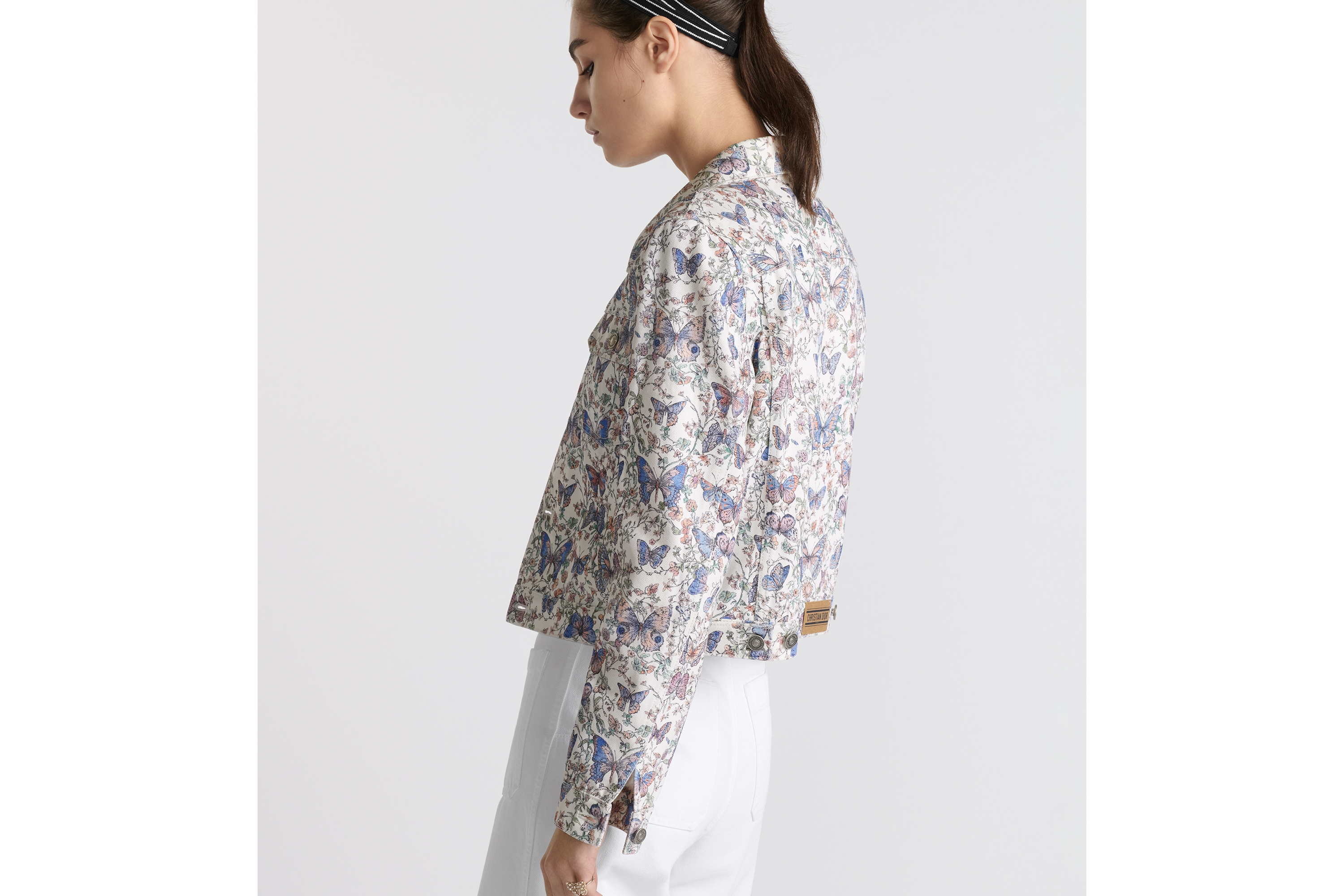 Jacket White Cotton Denim with Multicolor Toile de Jouy Papillon Motif ...