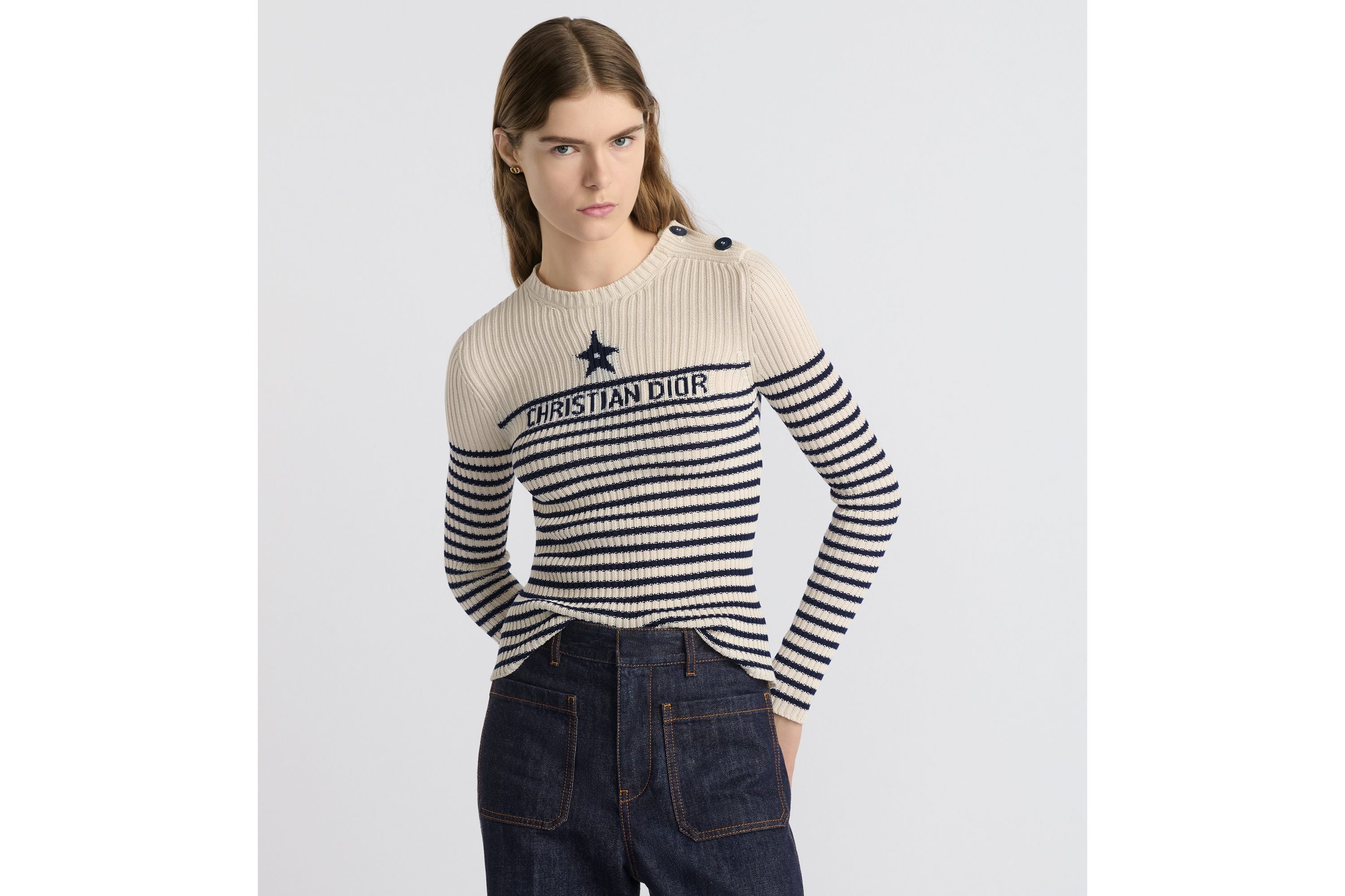 Pull Dioriviera Maille de coton écru et bleu marine à signature | DIOR