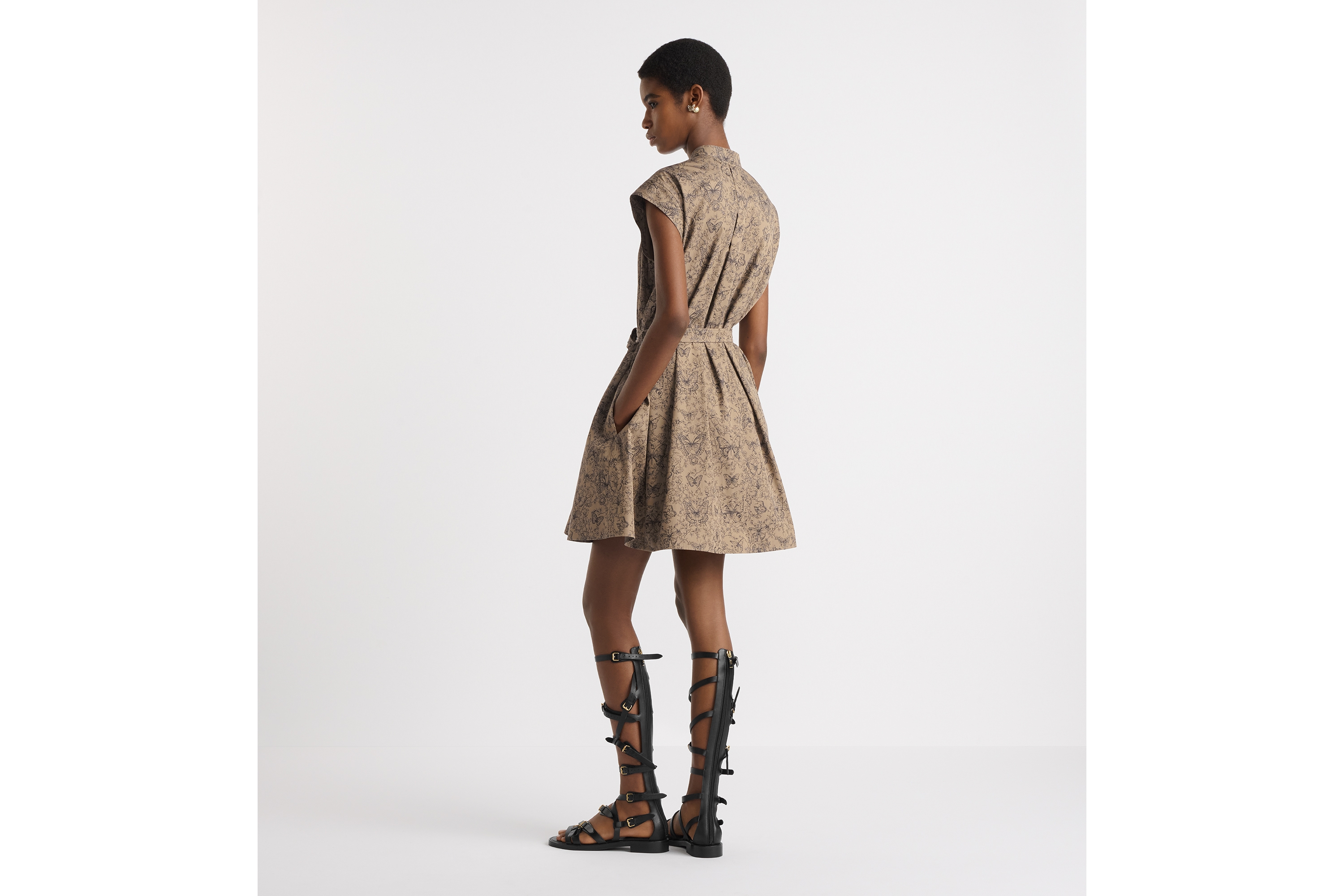 Short Belted Shirtdress Beige Cotton Gabardine with Black Toile de Jouy ...