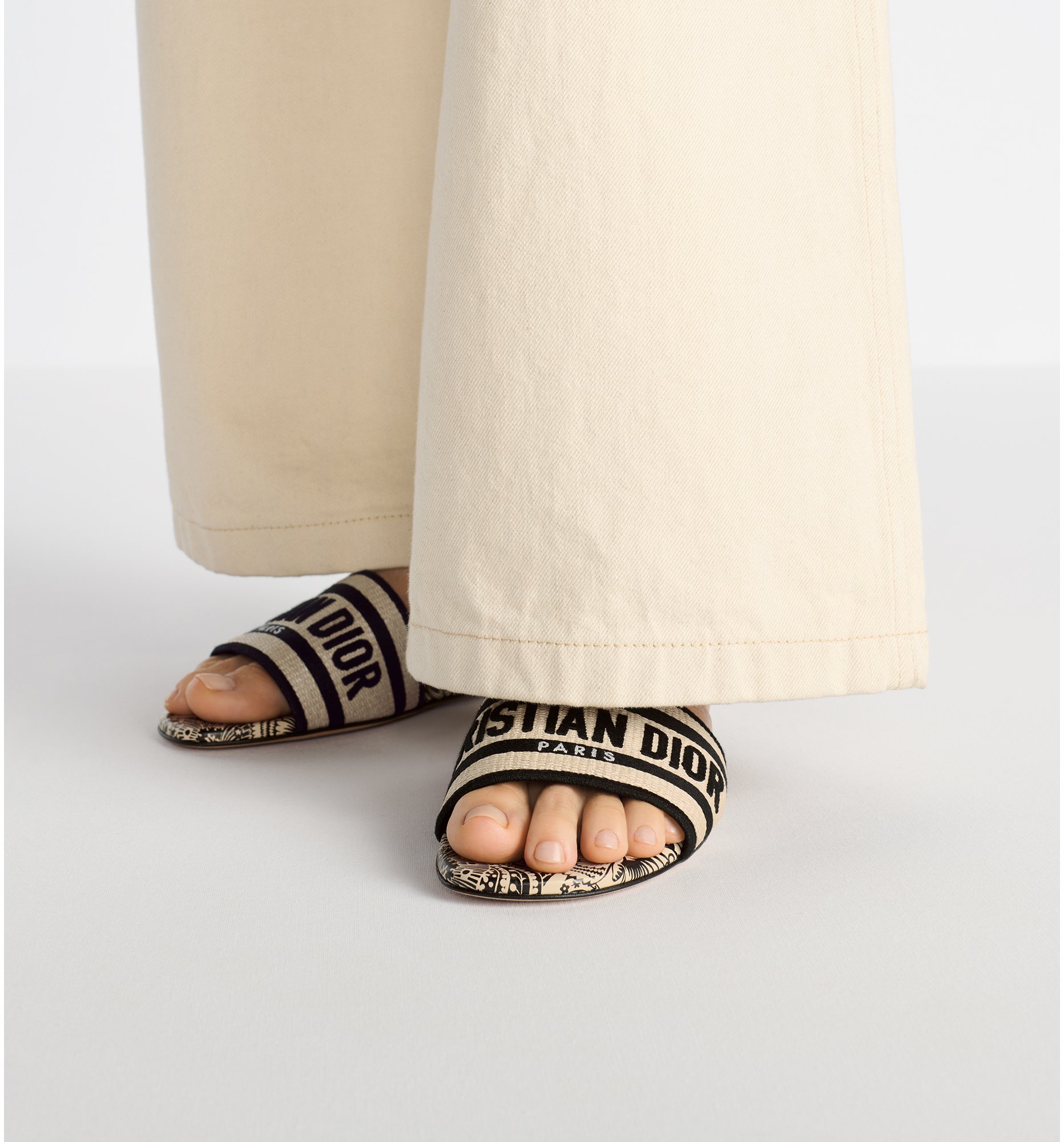 Dway Slide Natural Raffia and Black D-Butterfly Paisley Motif | DIOR