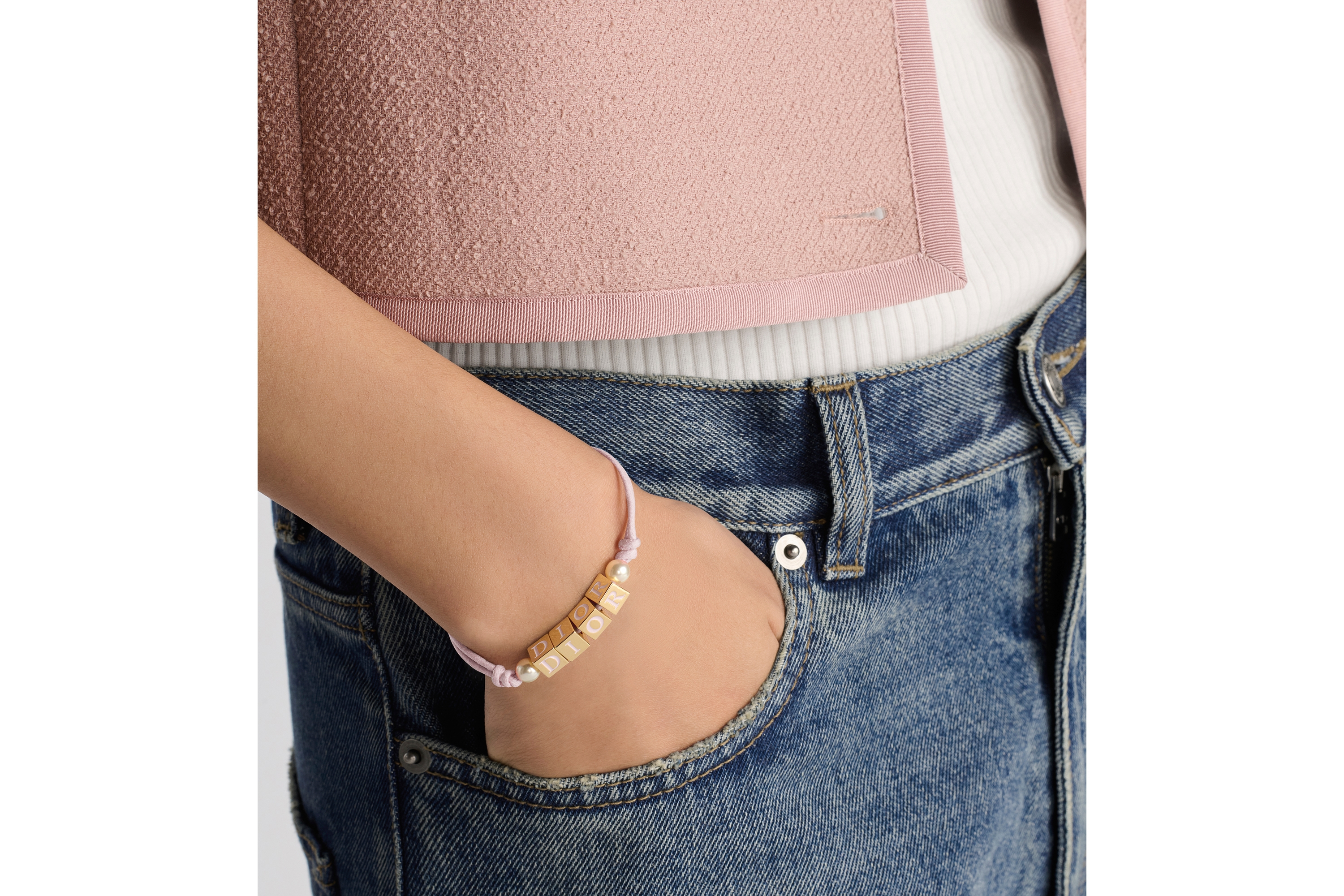 D-Dice Bracelet Pale Pink Cotton and Lacquer with Gold-Finish Metal and ...