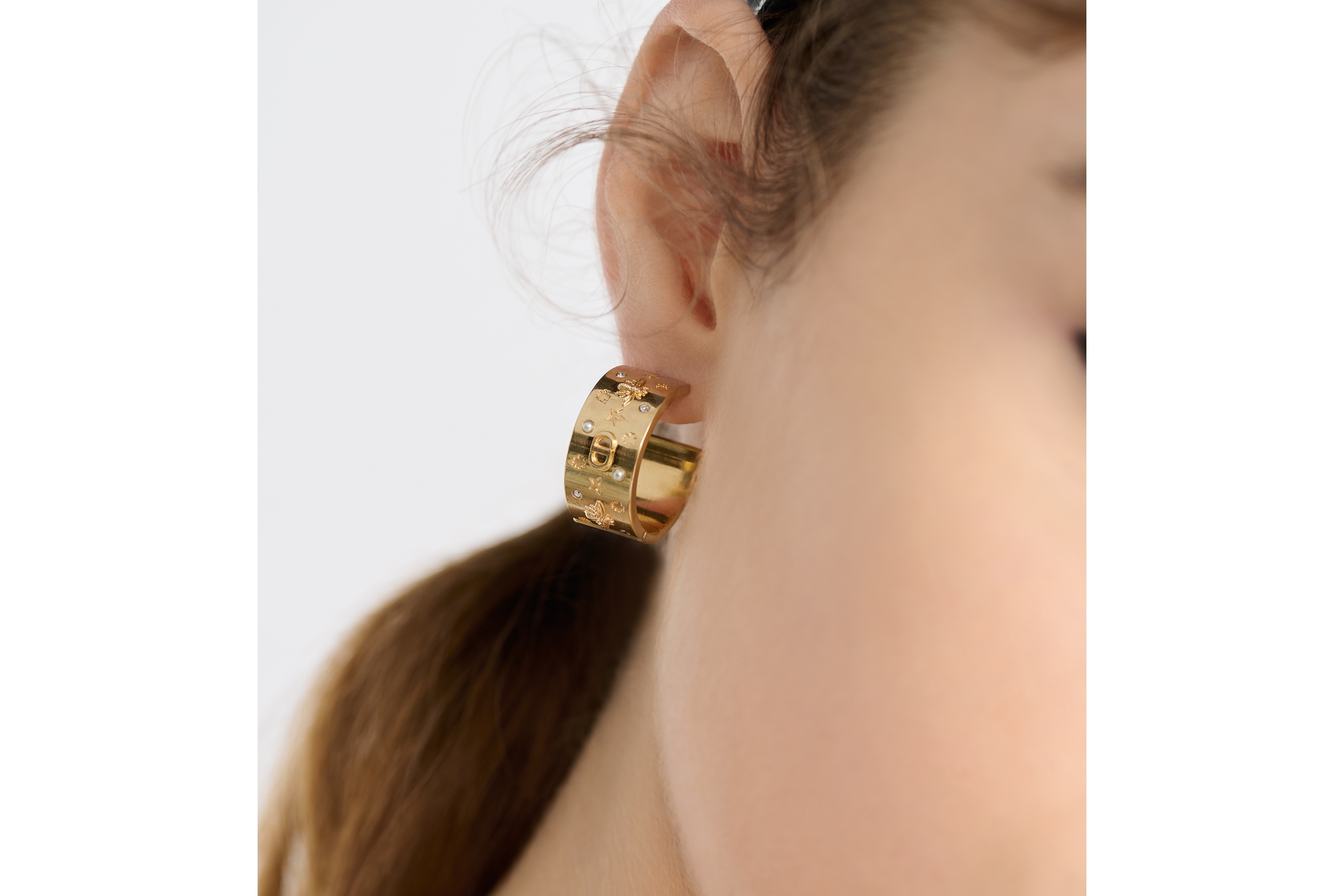 Dior Céleste Hoop Earrings Gold-Finish Metal with White Resin Pearls and Silver-Tone Crystals | DIOR