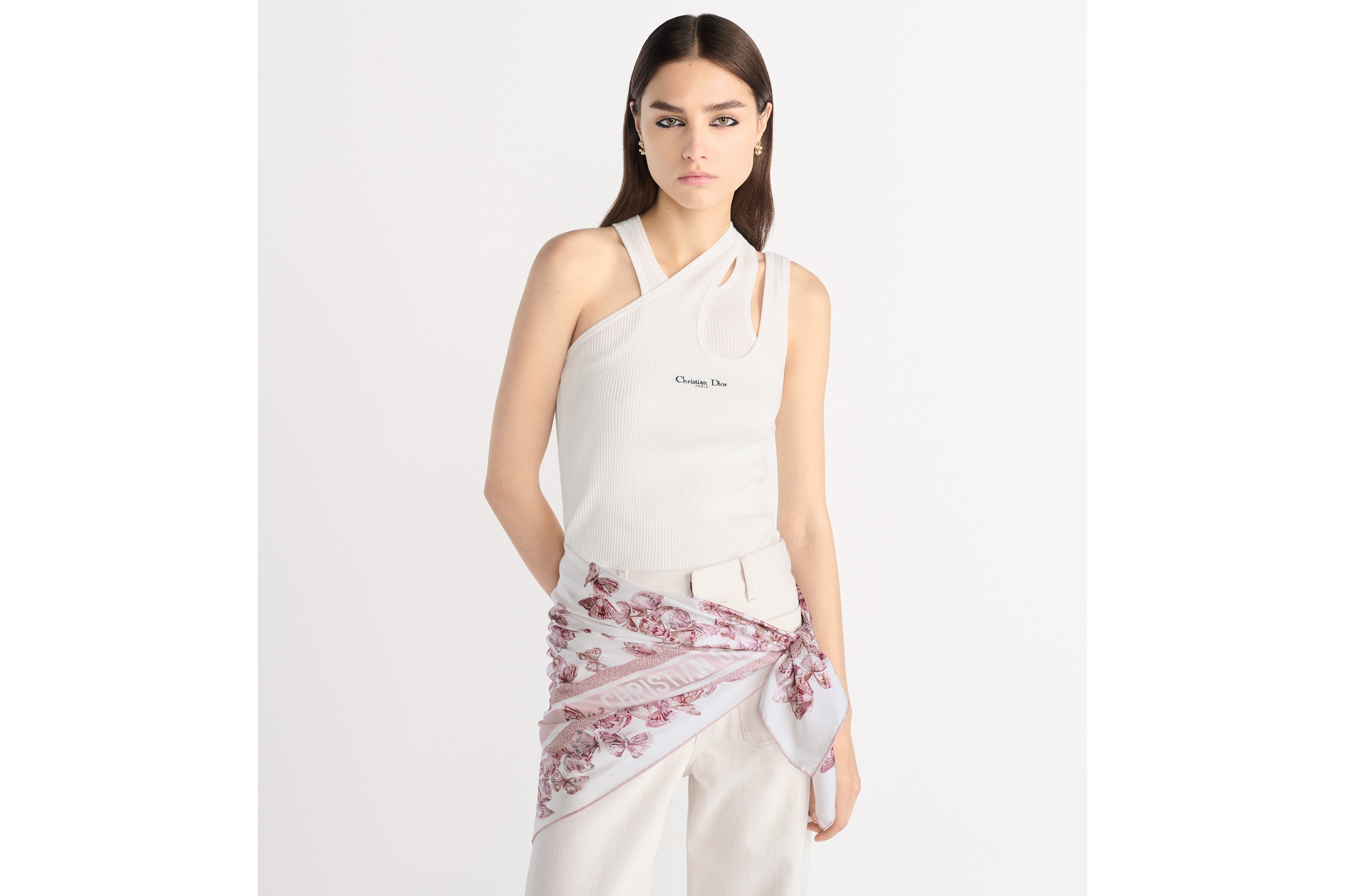 Pañuelo cuadrado 90 Dior Camo Papillon Sarga de seda blanca y rosa palo | DIOR