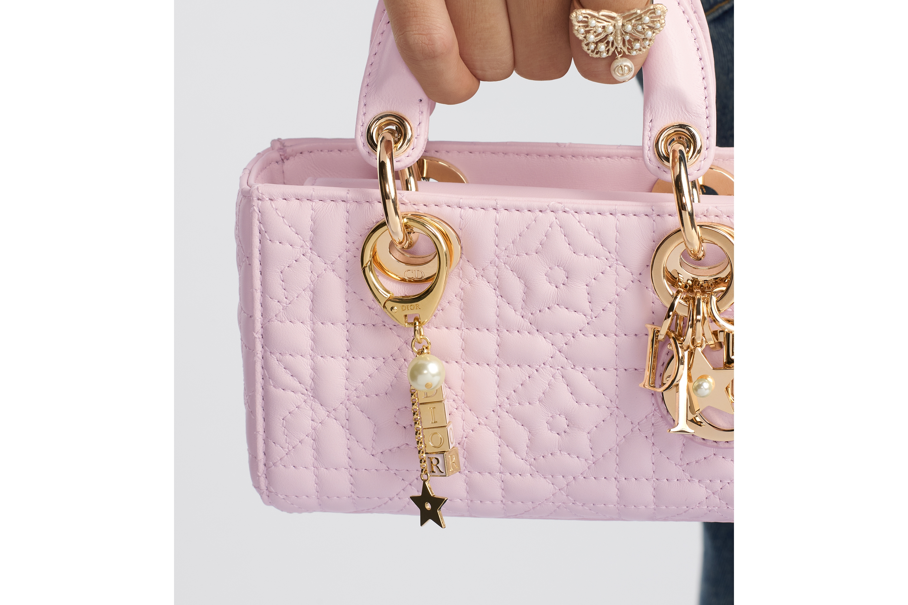 D-Dice Bag Charm Gold-Finish Metal with Pale Pink Lacquer and White ...