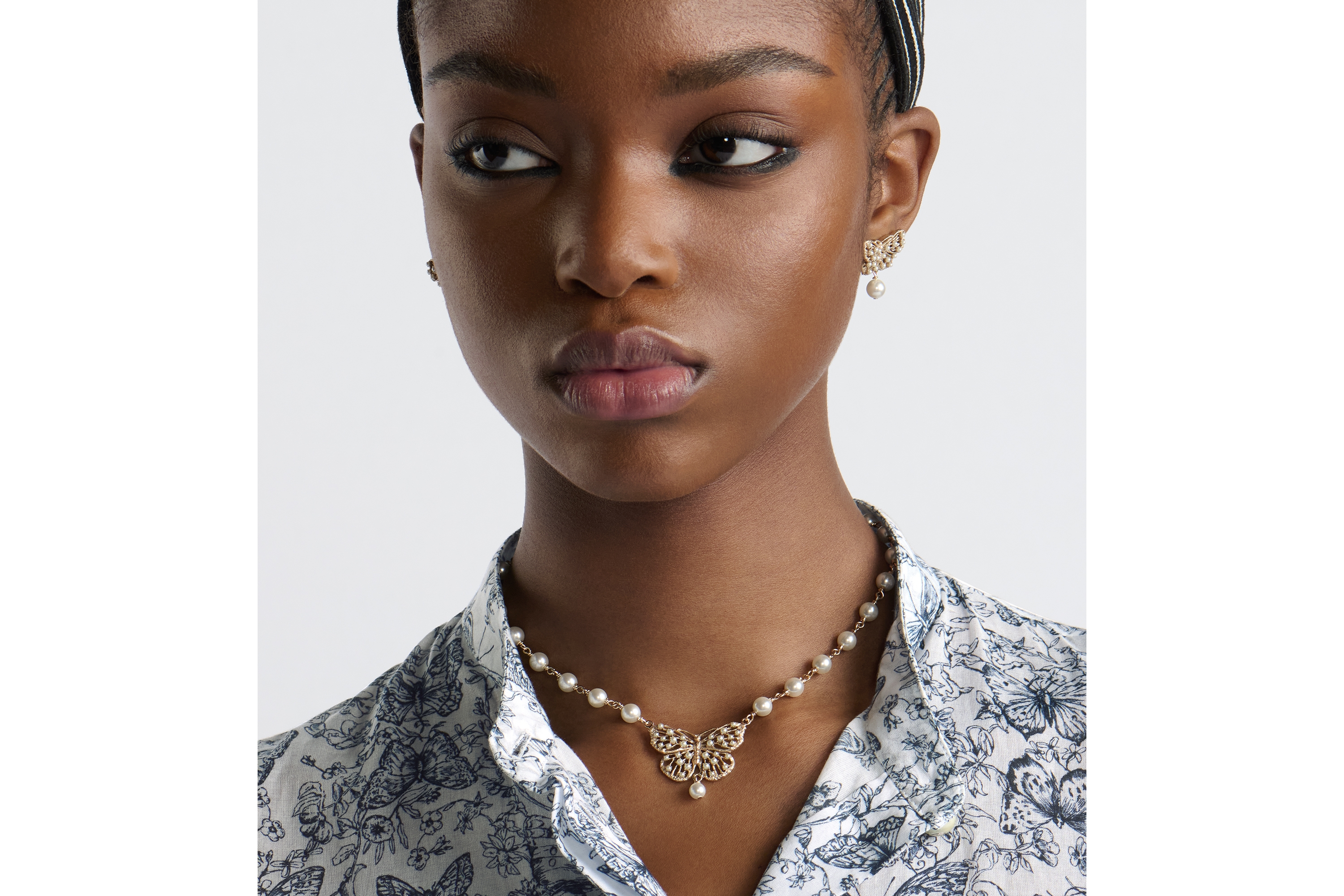 Toile de Jouy Papillon Necklace Matte Gold-Finish Metal and White Resin ...